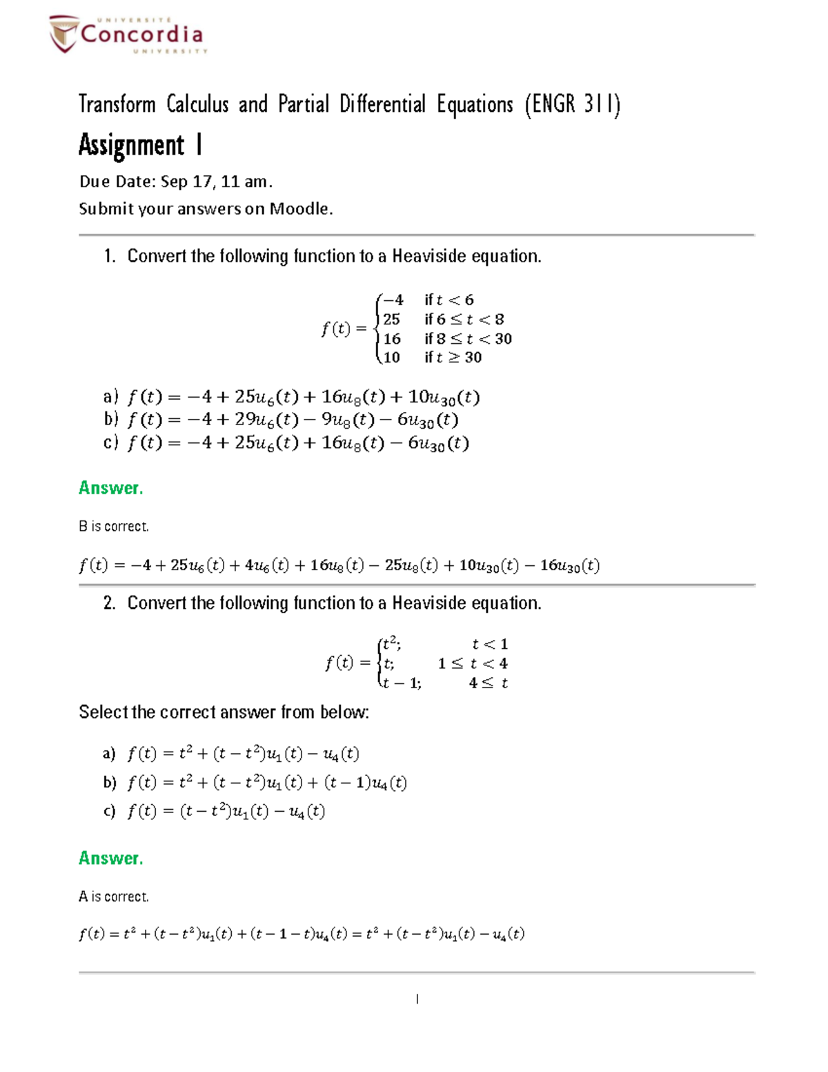 Assignment 1-Answer - 1 Transform Calculus and Partial Differential Equations (ENGR 311 ...