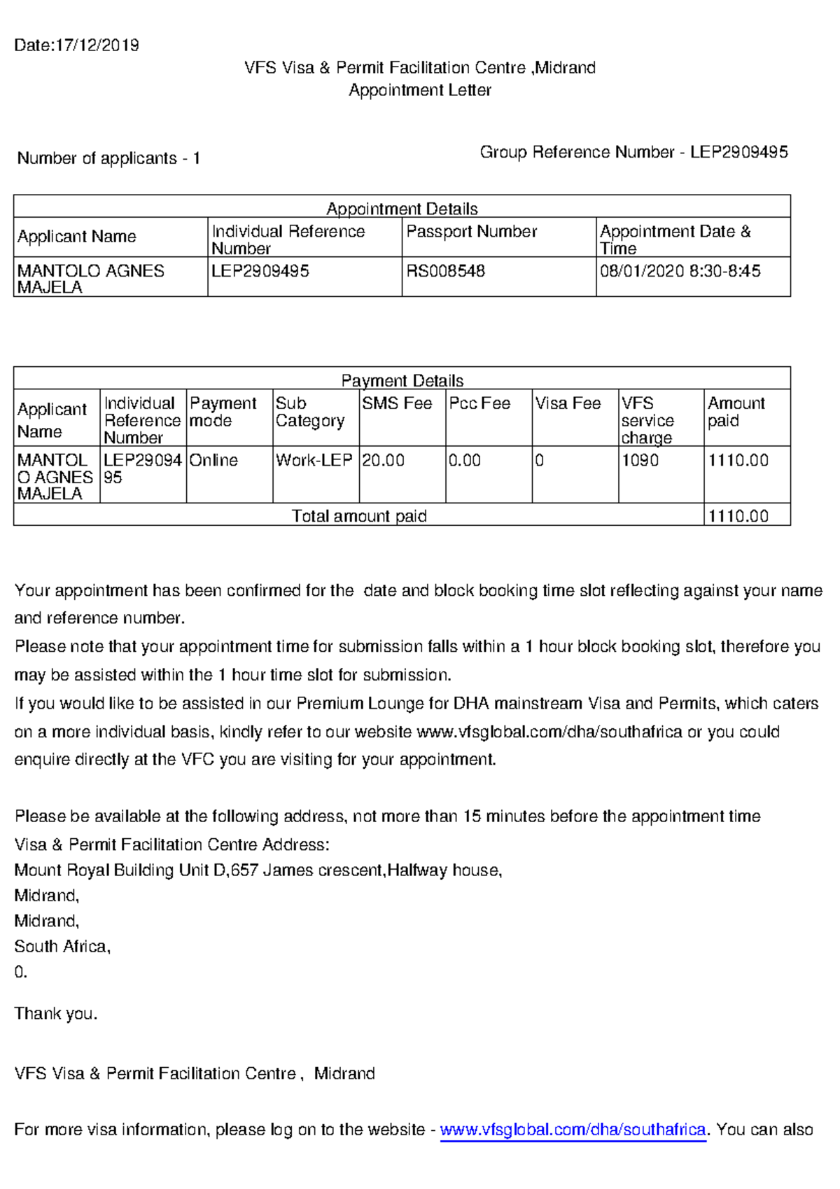 LEP2909495 CRW2602 - Date:17/12/ VFS Visa & Permit Facilitation Centre ,Midrand Appointment ...
