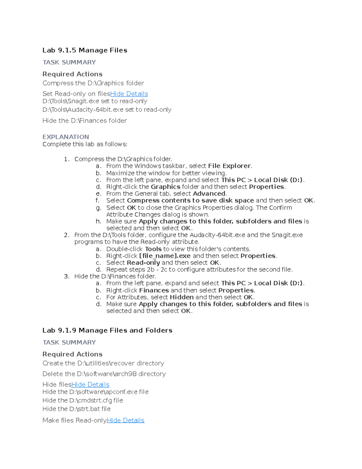Chapter 9 labs - labsims - Lab 9.1 Manage Files TASK SUMMARY Required Actions Compress the - Studocu