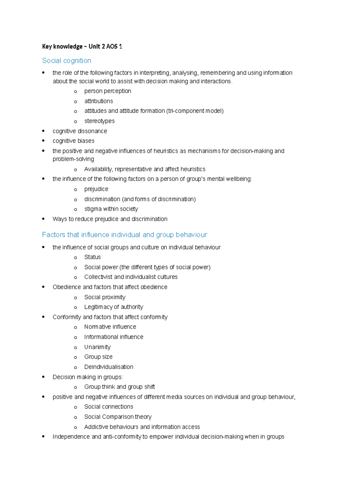 Unit 2 AOS 1 - checklist - psych - Key knowledge – Unit 2 AOS 1 Social ...