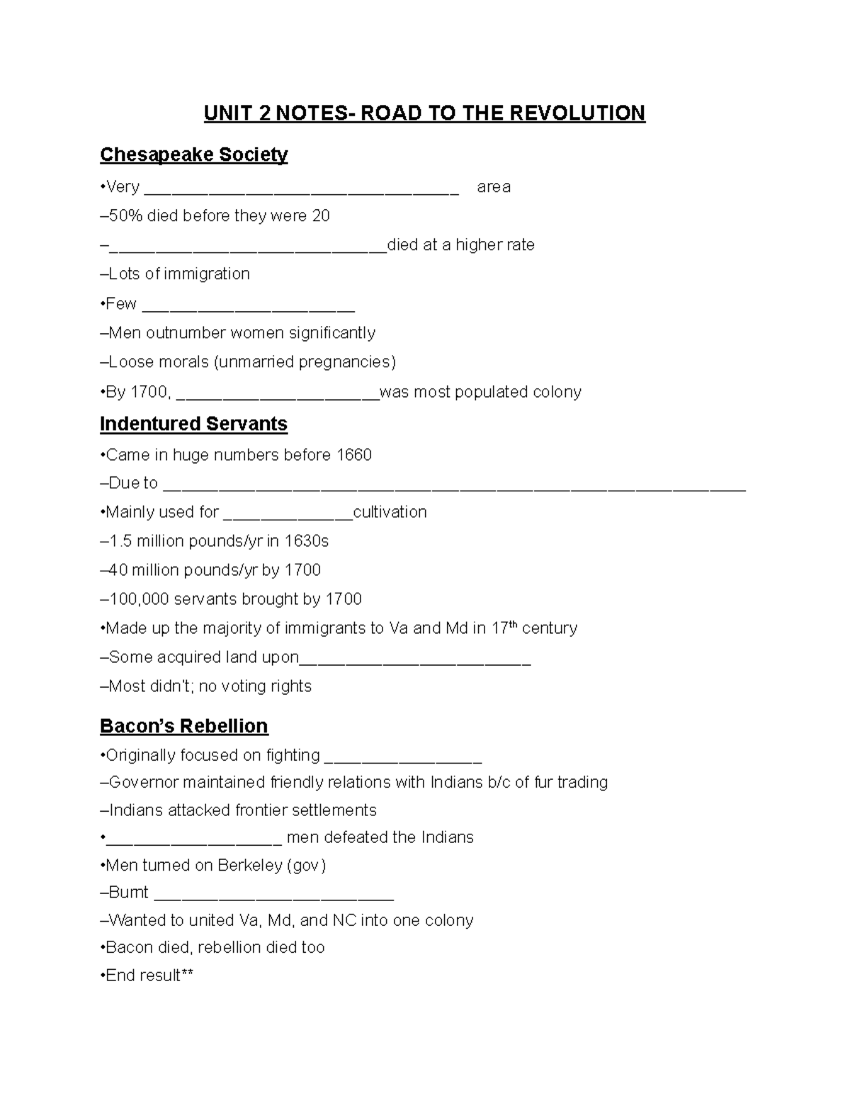 Road to Revolution Notes - UNIT 2 NOTES- ROAD TO THE REVOLUTION ...