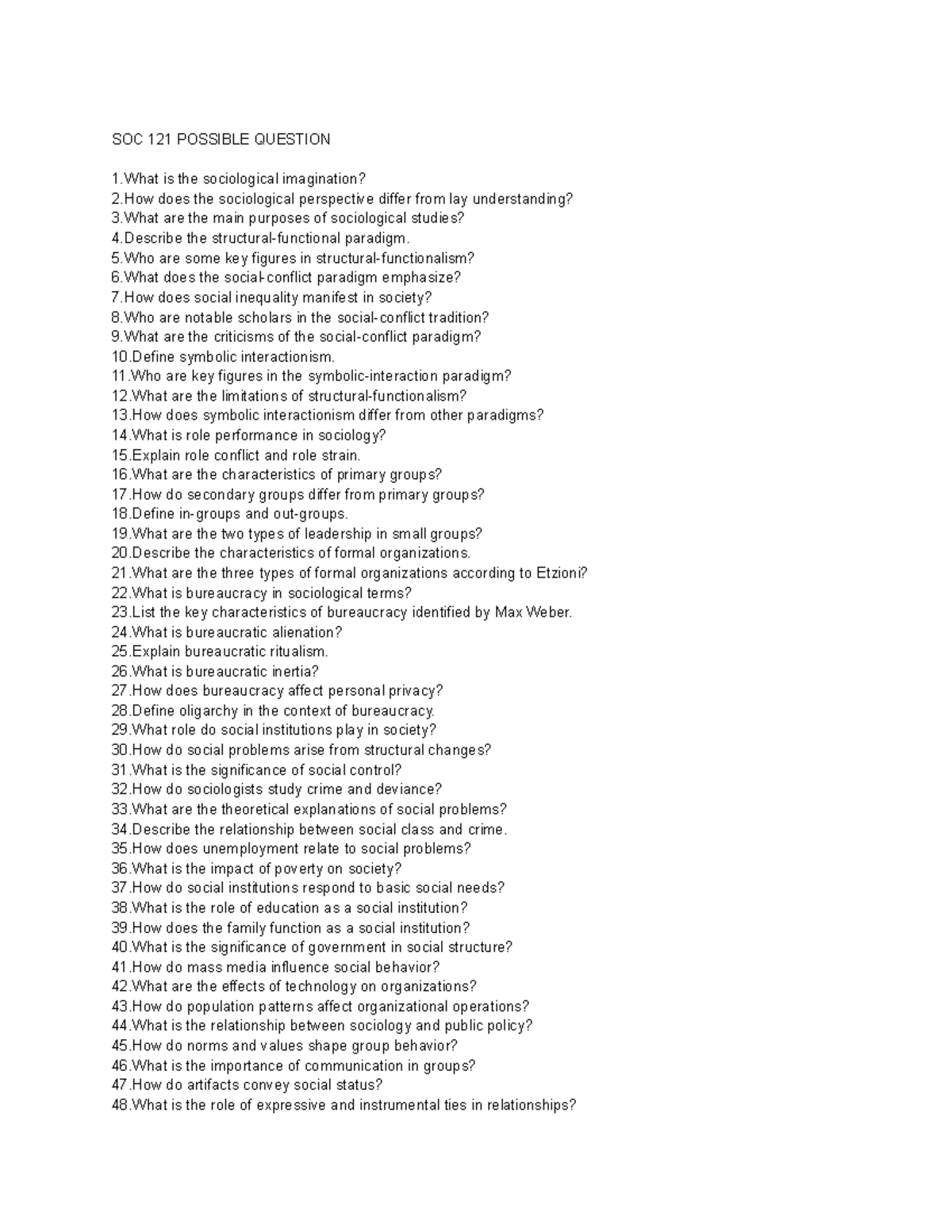 SOC 121 - NOTES - SOC 121 POSSIBLE QUESTION 1 is the sociological ...