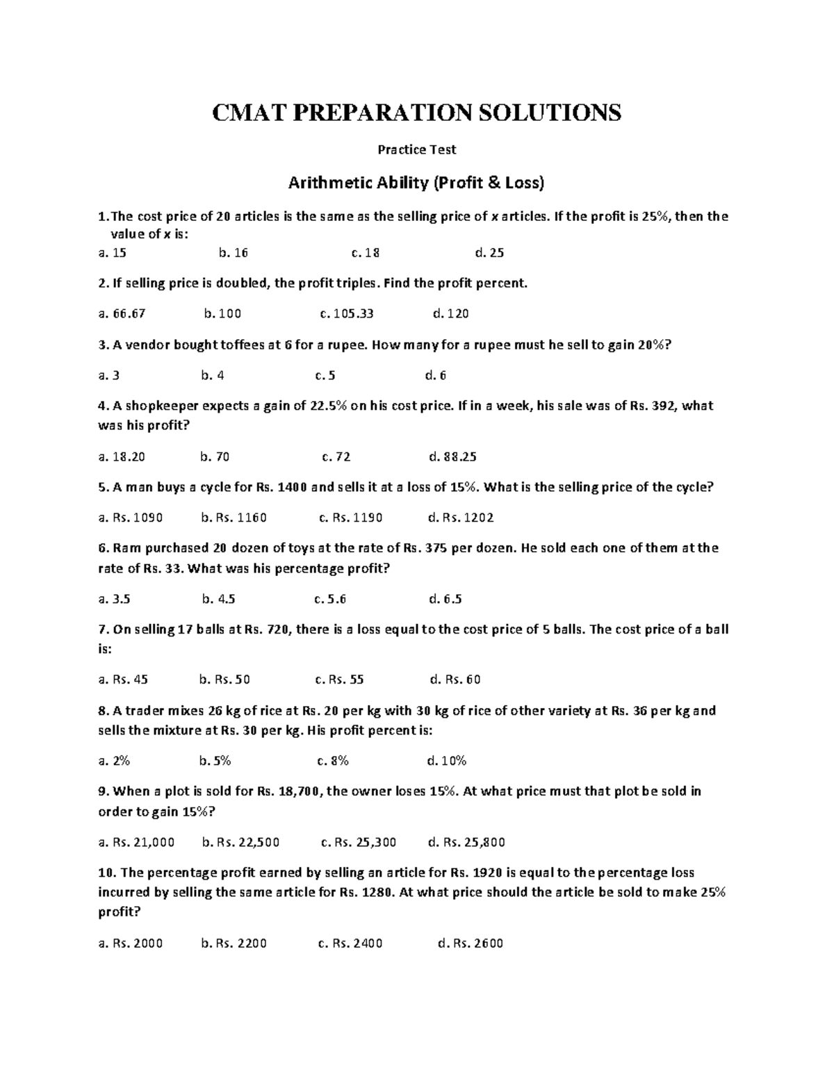 Cmat math questions - CMAT PREPARATION SOLUTIONS Practice Test ...