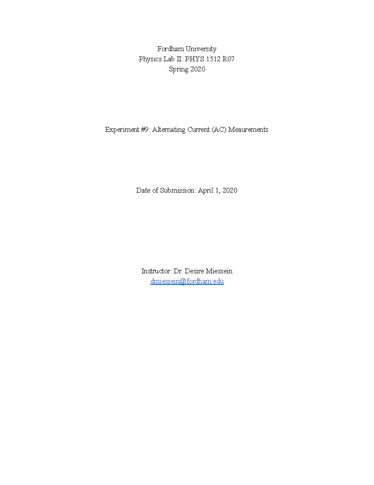 Physics II Lab #9 - lab paper - Fordham University Physics Lab II: PHYS ...