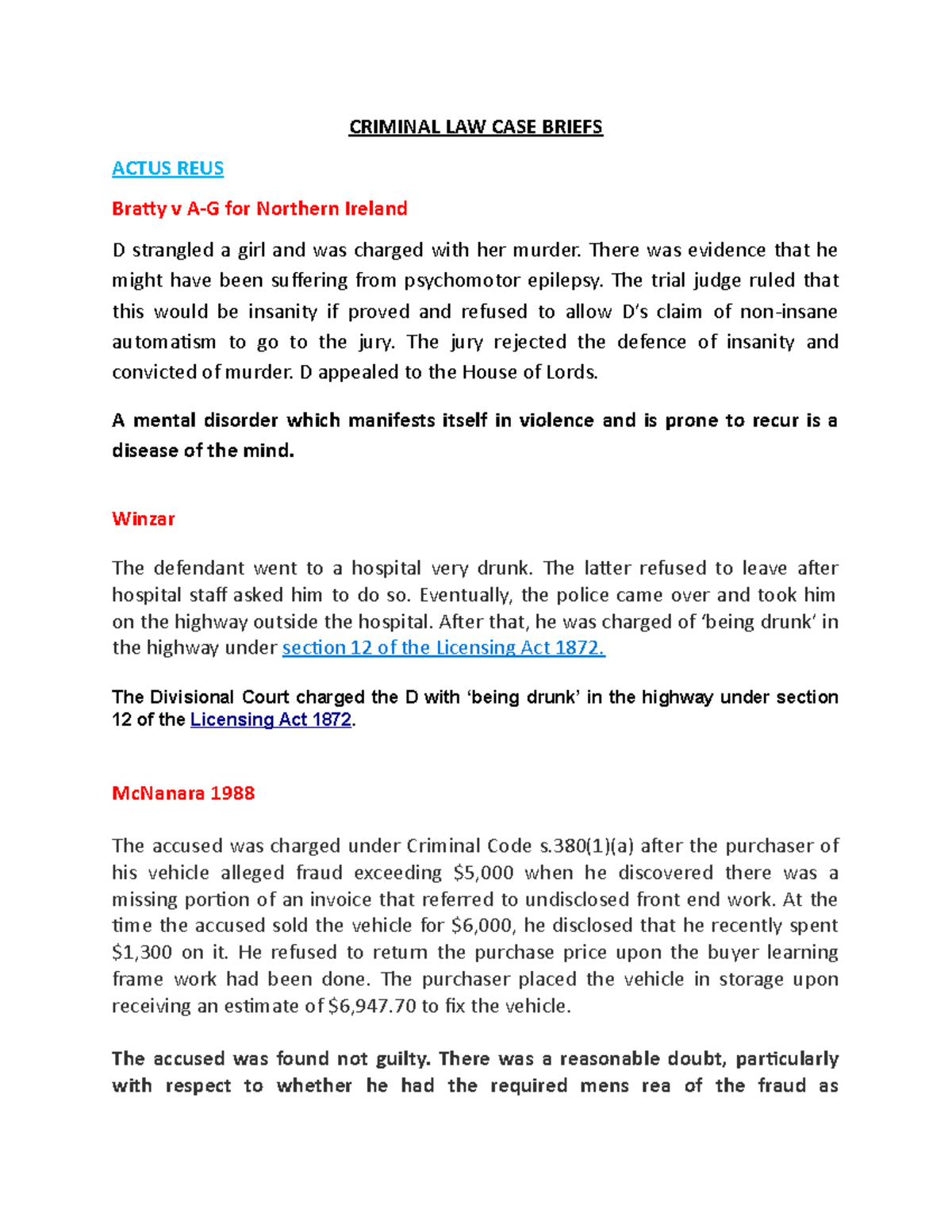 Criminal Law Cases briefs - CRIMINAL LAW CASE BRIEFS ACTUS REUS Bratty ...