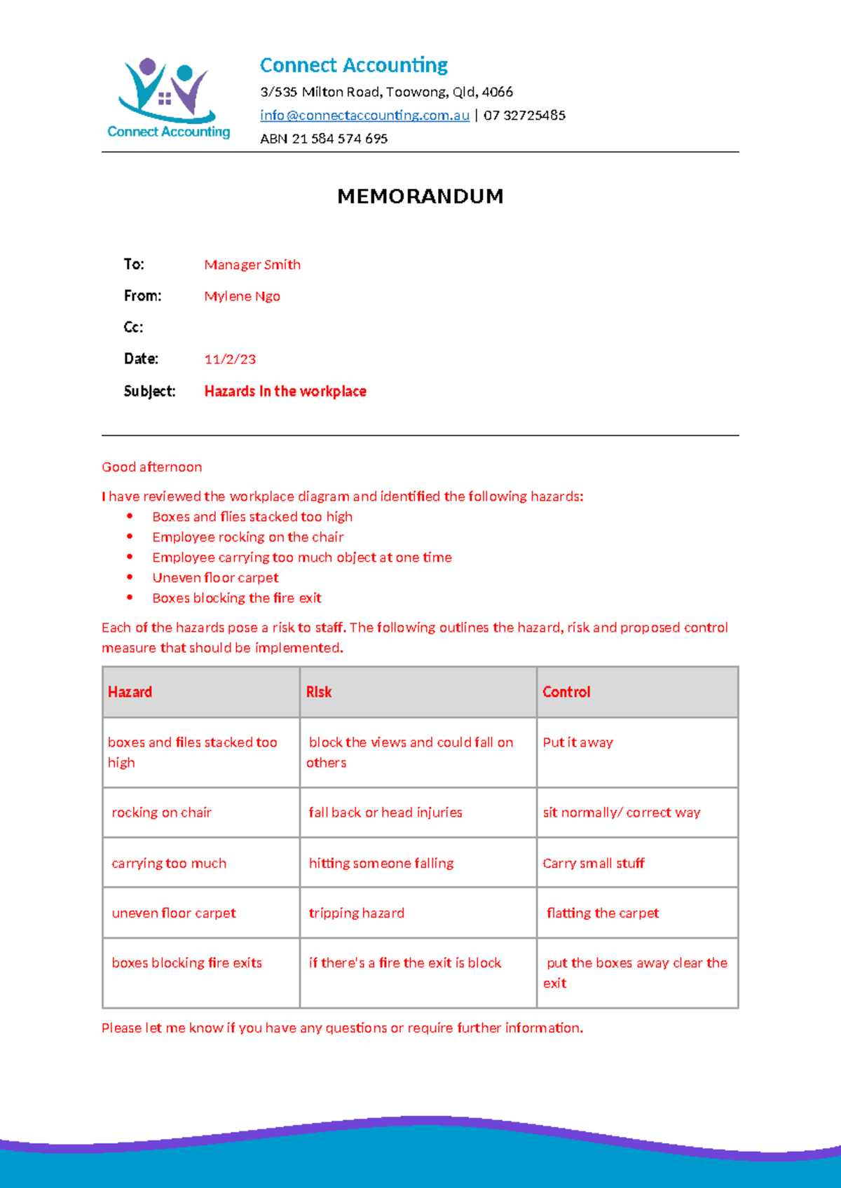 Task 1 Memo Template - good practice - Connect Accounting 3/535 Milton ...