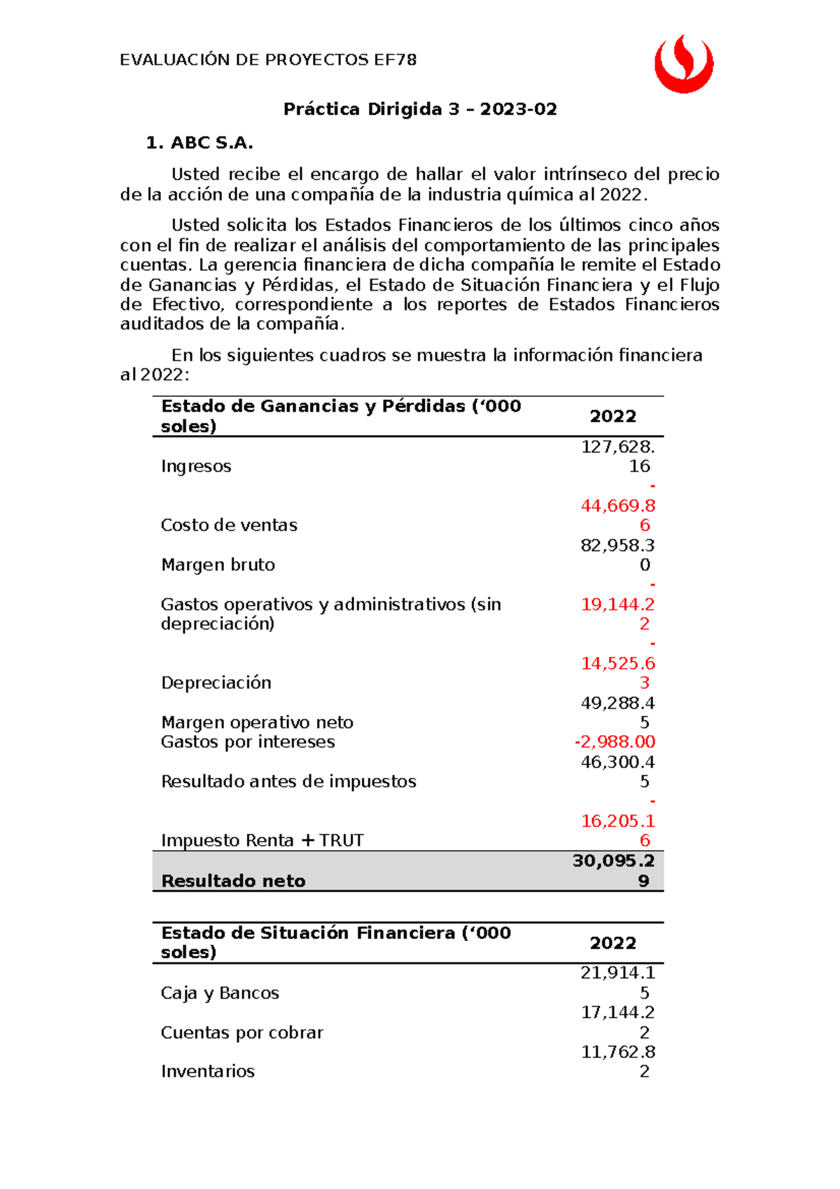 PD3 - Evaluación de Proyectos - 2022302 - Práctica Dirigida 3 – 2023- ABC S. Usted recibe el ...