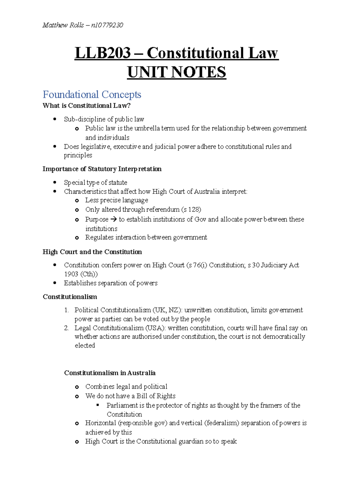 LLB203 – Constitutional Law UNIT Notes - LLB203 – Constitutional Law ...