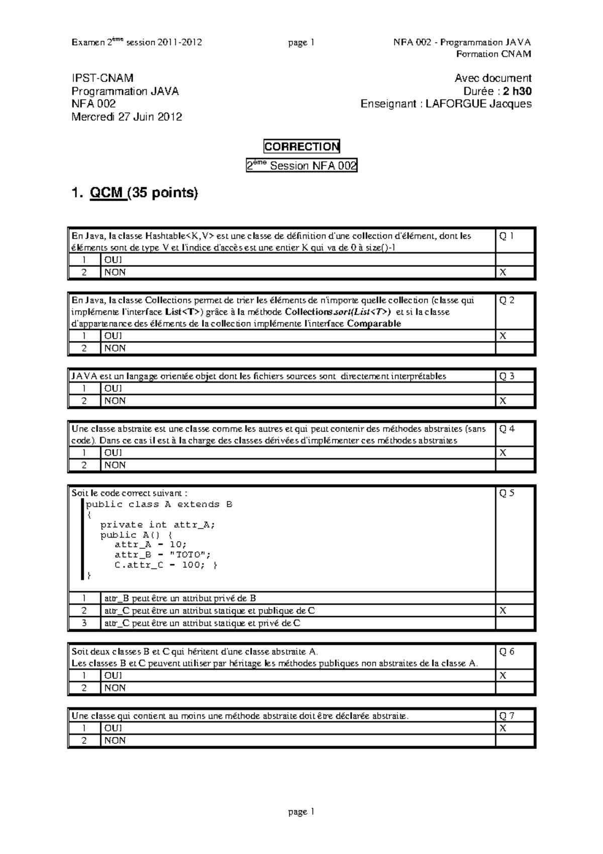 QCM java corrige - QSM WITH Correction - Formation CNAM IPST-CNAM Programmation JAVA NFA 002 ...
