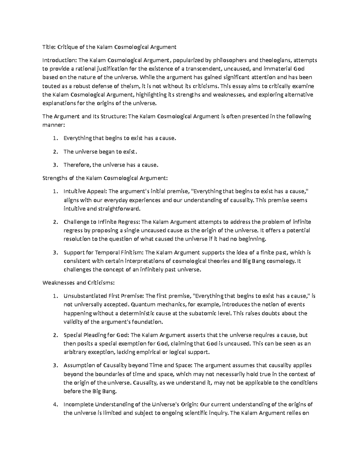 Kalam Argument - Title: Critique of the Kalam Cosmological Argument ...