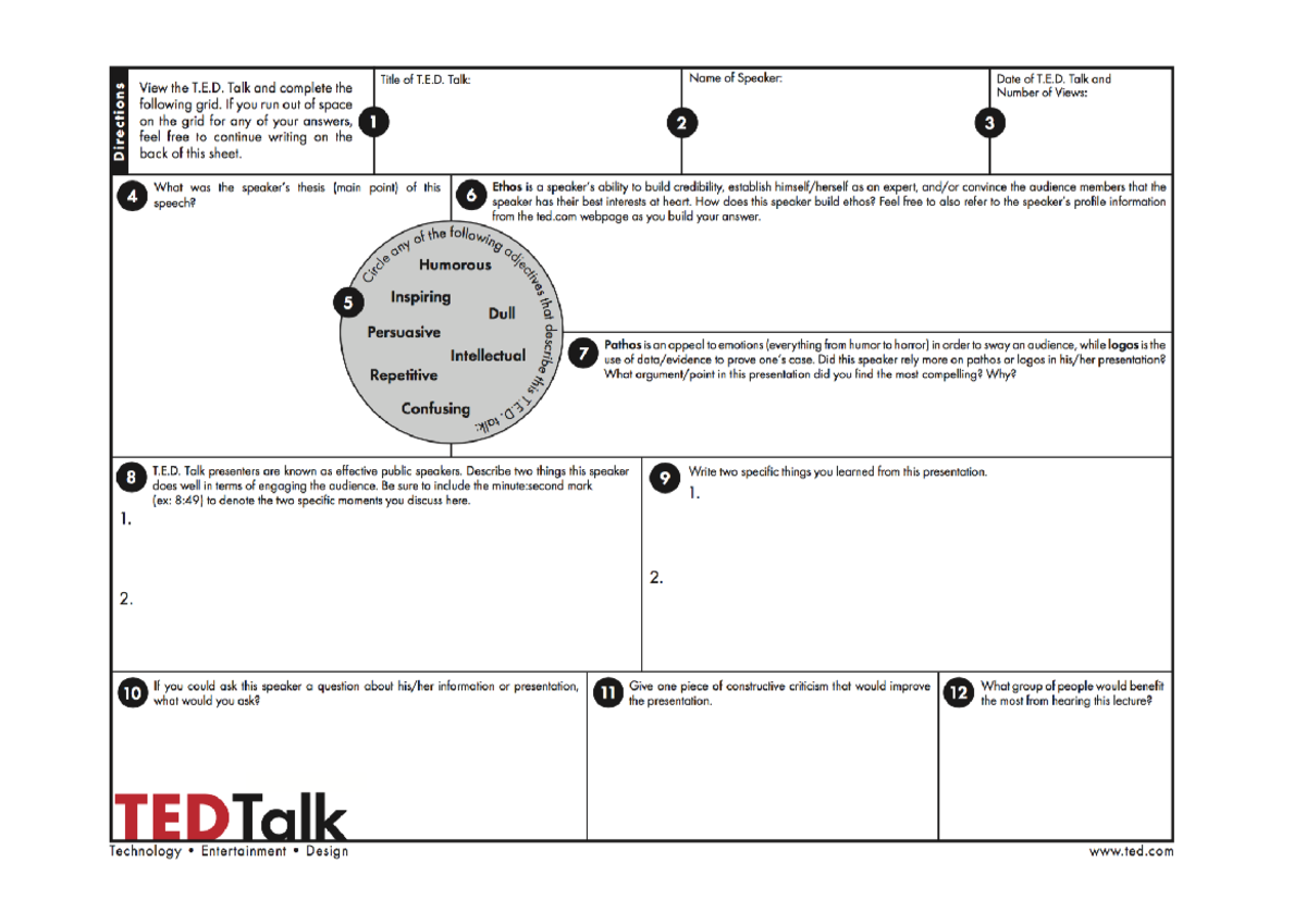 TED Talk Worksheet - Cuadro en blanco para completar los videos vistos ...