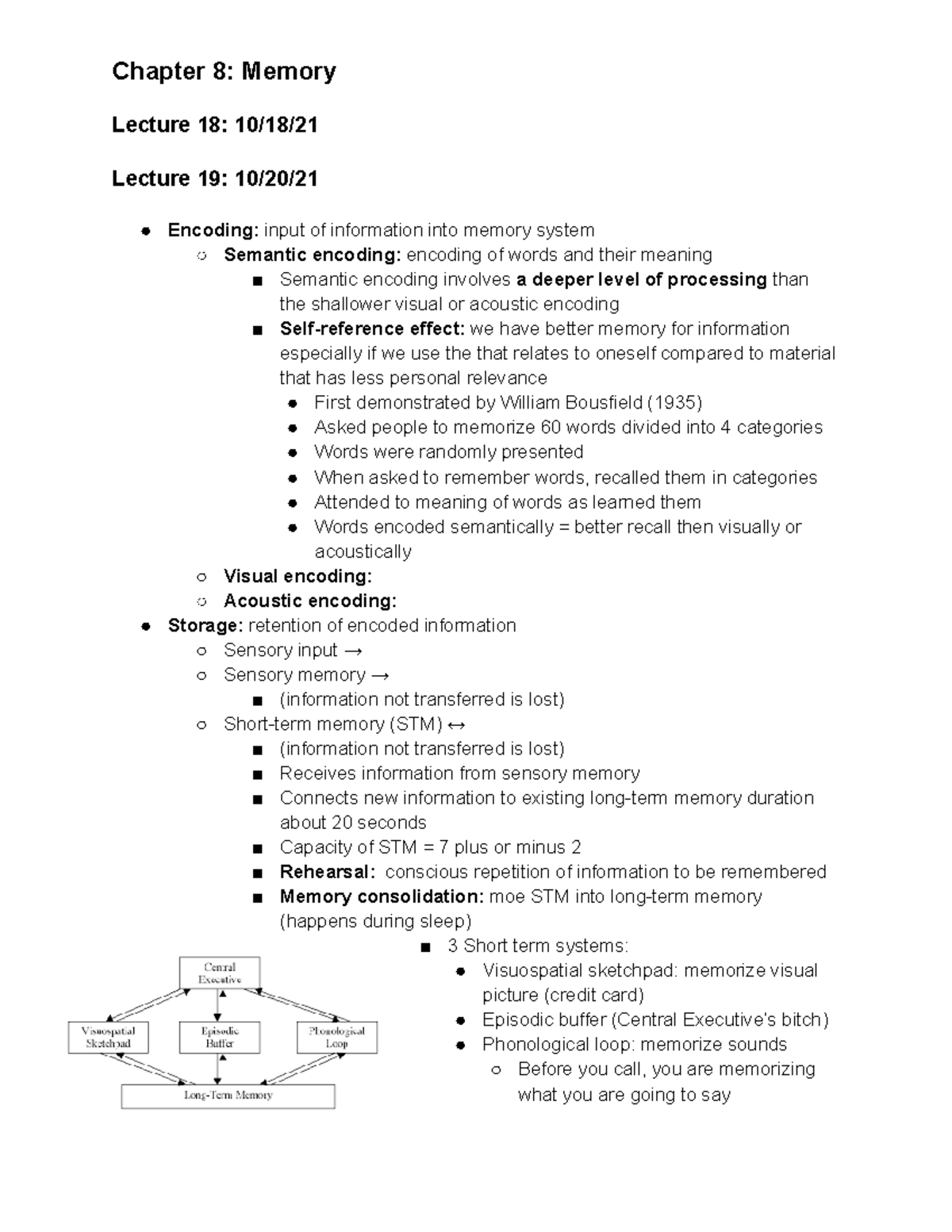 Week 7: Chapter 8: Memory (Lectures: 19, 20 & 21) - Lecture 18: 10/18 ...