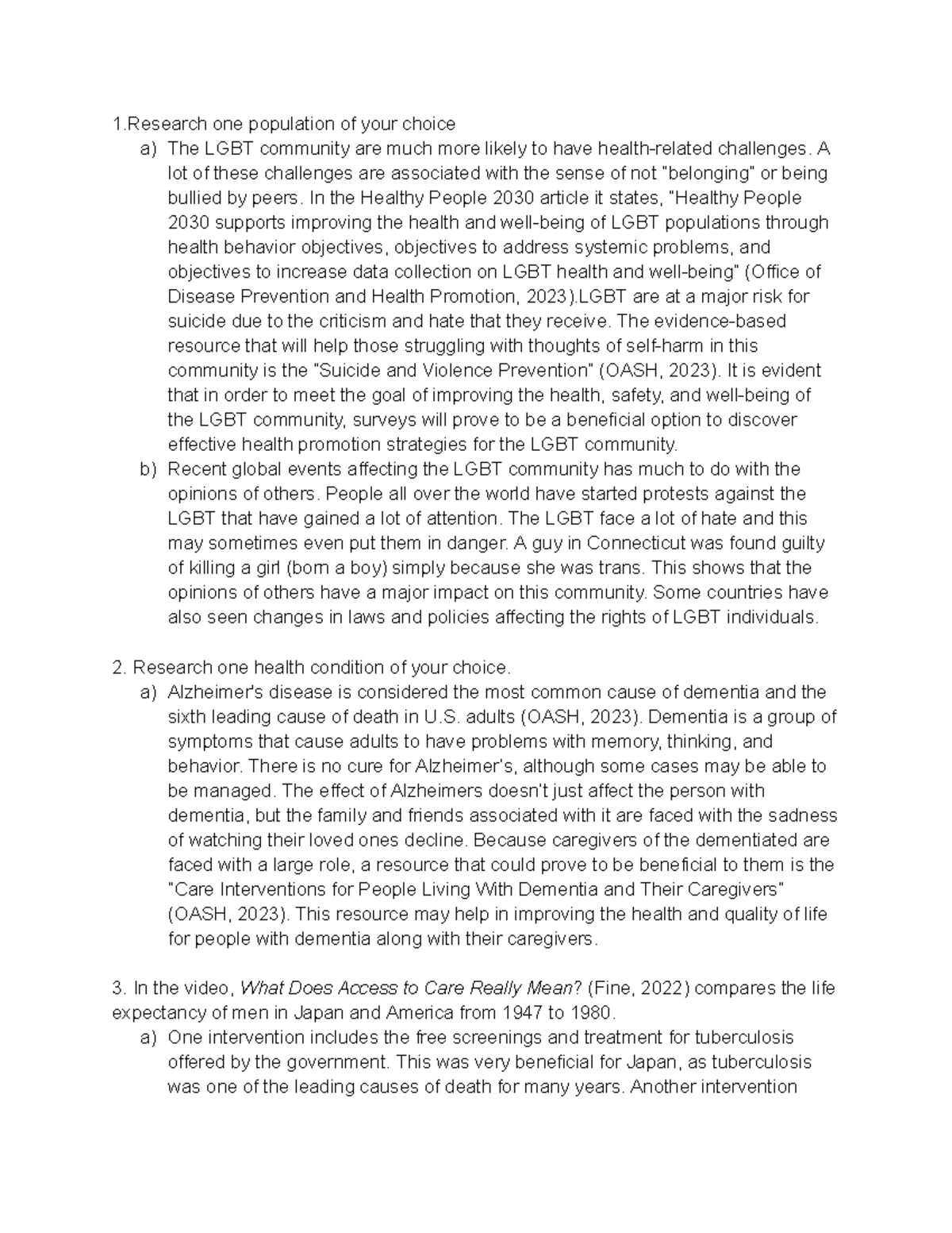 411 Assignment 2 - Case study for Nurs 411 - 1 one population of your ...