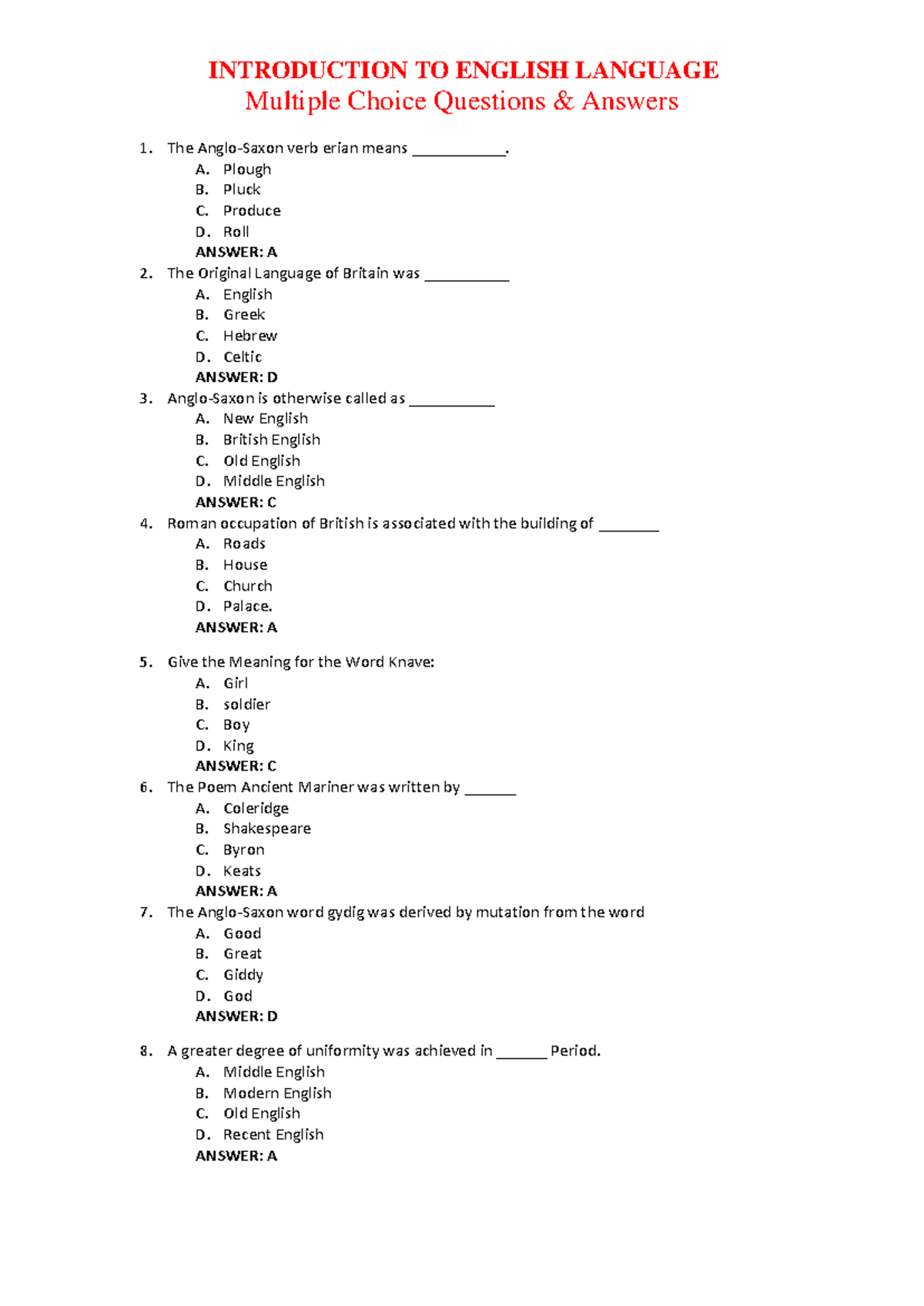 English-language - INTRODUCTION TO ENGLISH LANGUAGE Multiple Choice ...