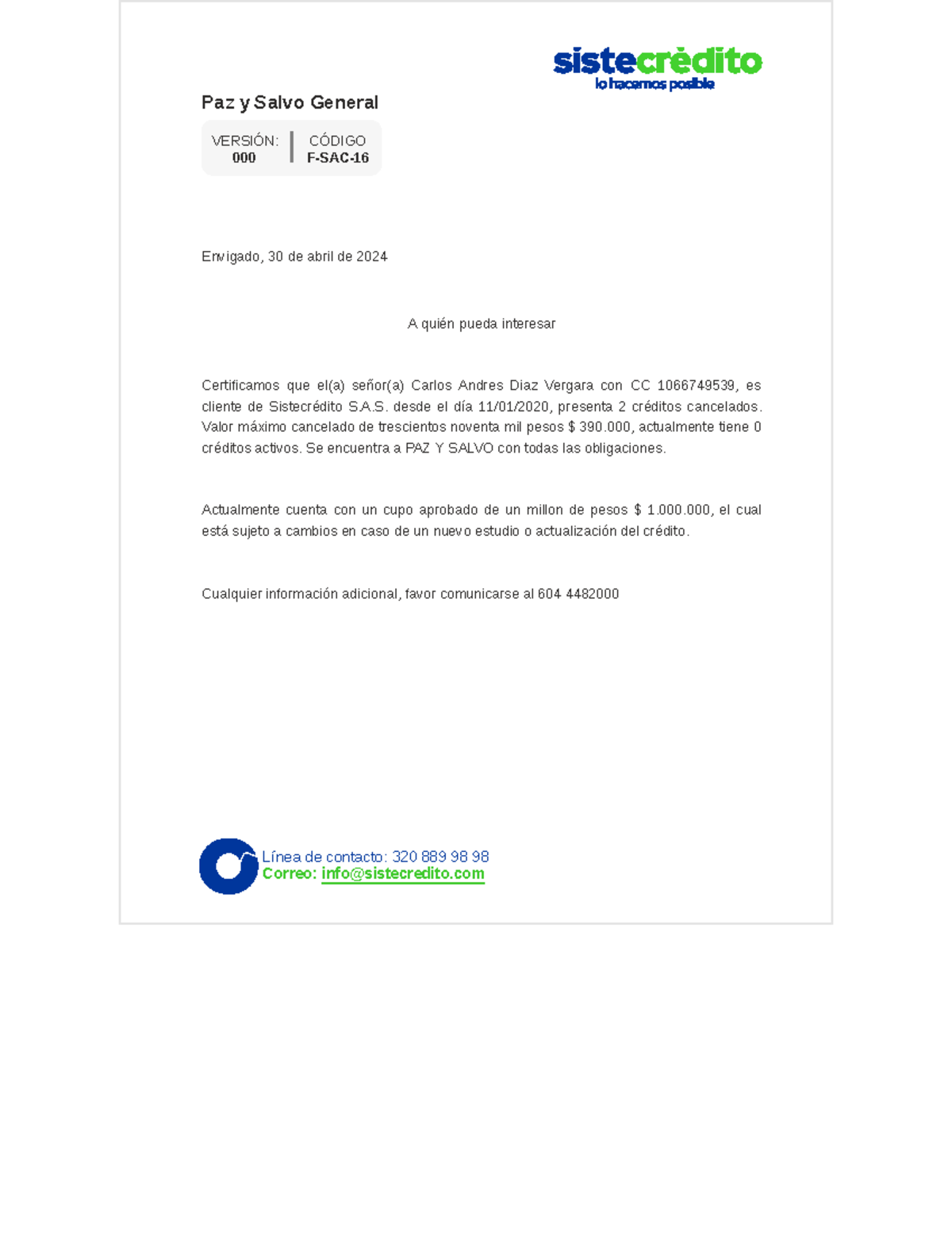 2a3a42bf 248f 4e1d 87cb f8c51ba6c3ea - Paz y Salvo General VERSIÓN: 000 ...