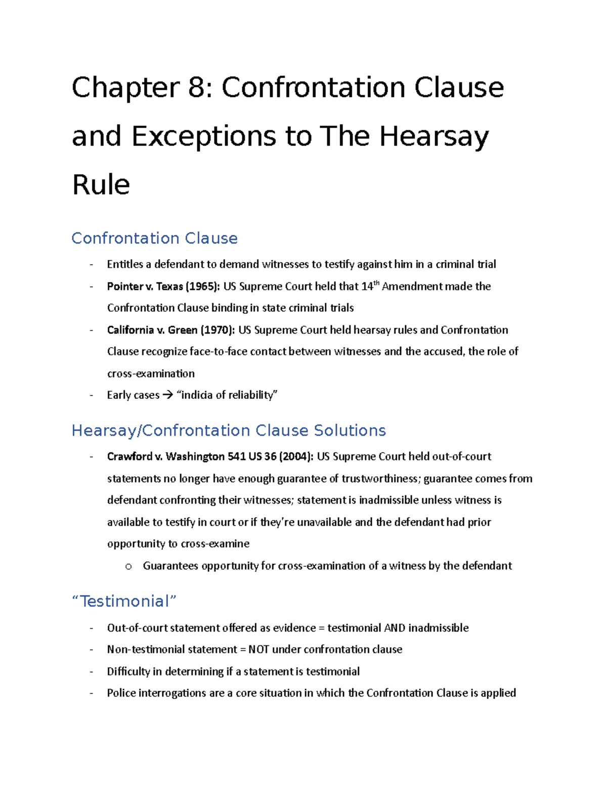 Ch 8 - Exceptions to the Hearsay Rule - Chapter 8: Confrontation Clause ...