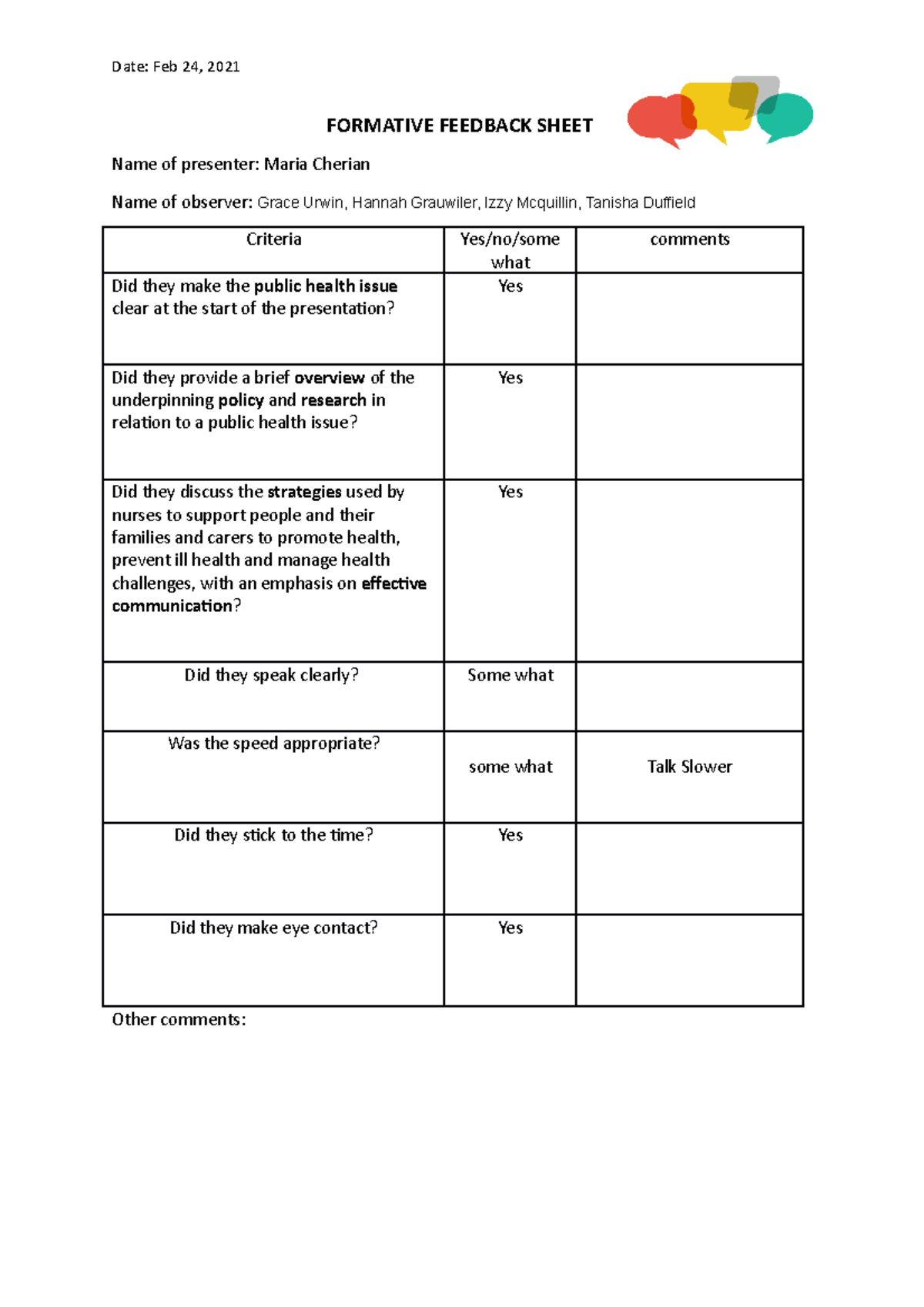 Formative Presentation Feedback Sheet - Date: Feb 24, 2021 FORMATIVE ...