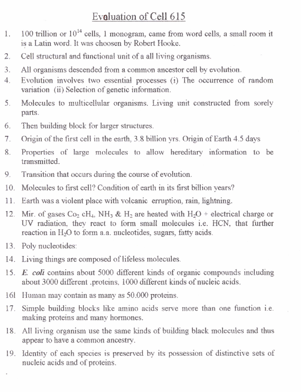 Lec1 - Cell biology lecture - Evaluation of Cell 615 100 trillion or 1014cells, 1 monogram, came ...