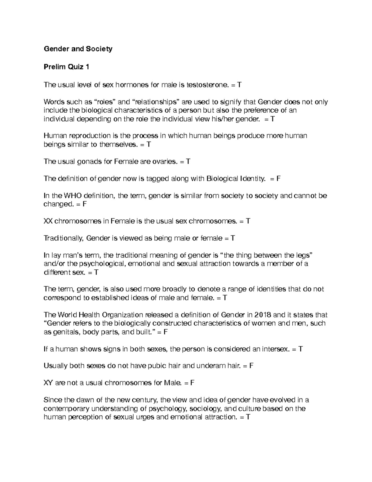 Gender and Society - Additional notes - Gender and Society Prelim Quiz ...