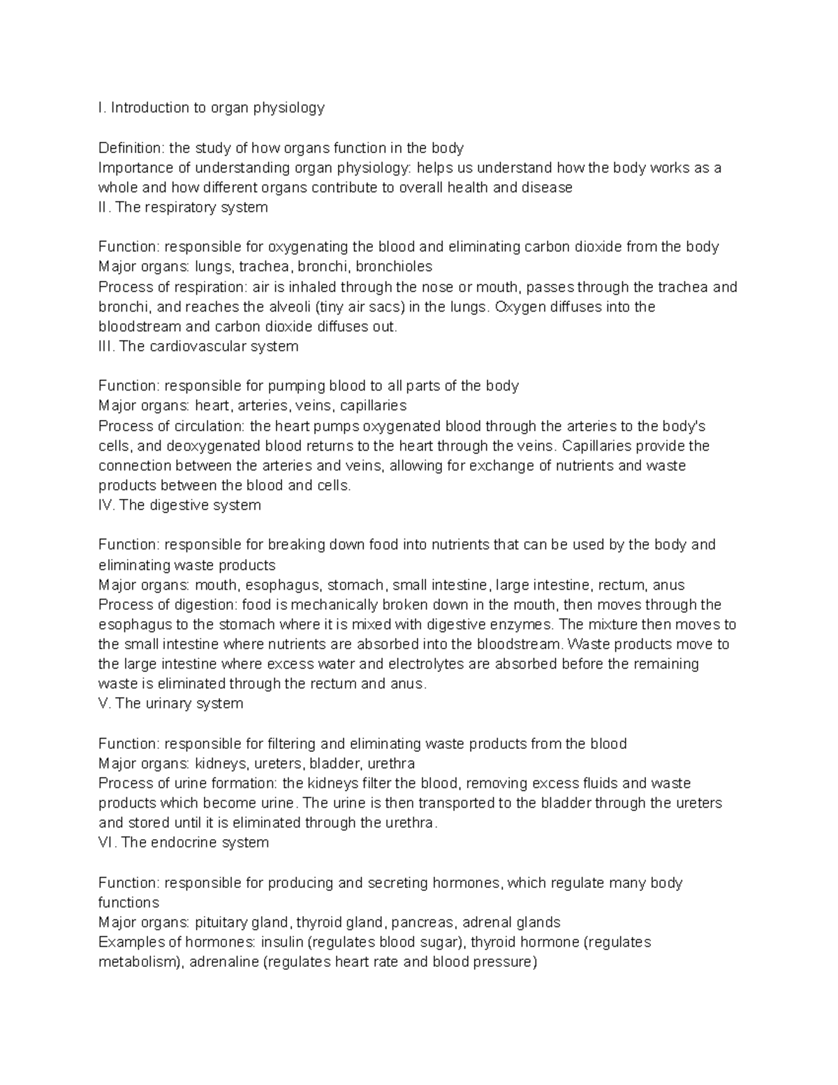 Organ physiology study guide - I. Introduction to organ physiology ...