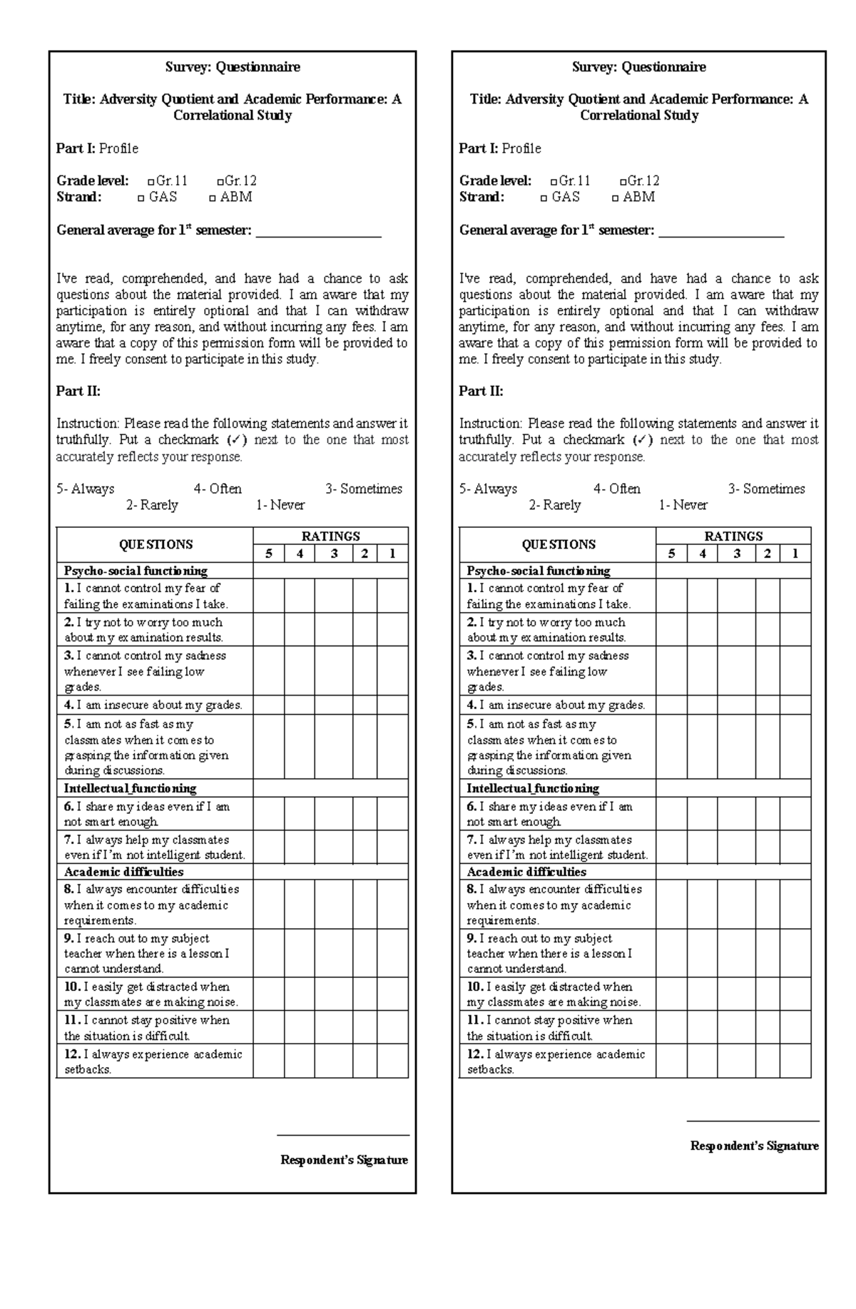 Survey-Questionnaire - Survey: Questionnaire Title: Adversity Quotient ...