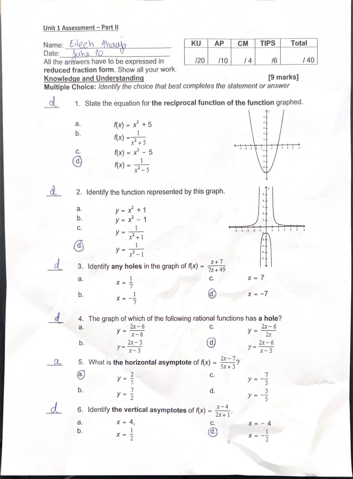 Unit 1 part 2 - For math quiz - Unit 1 Assessment Part II Name: Eilech ...