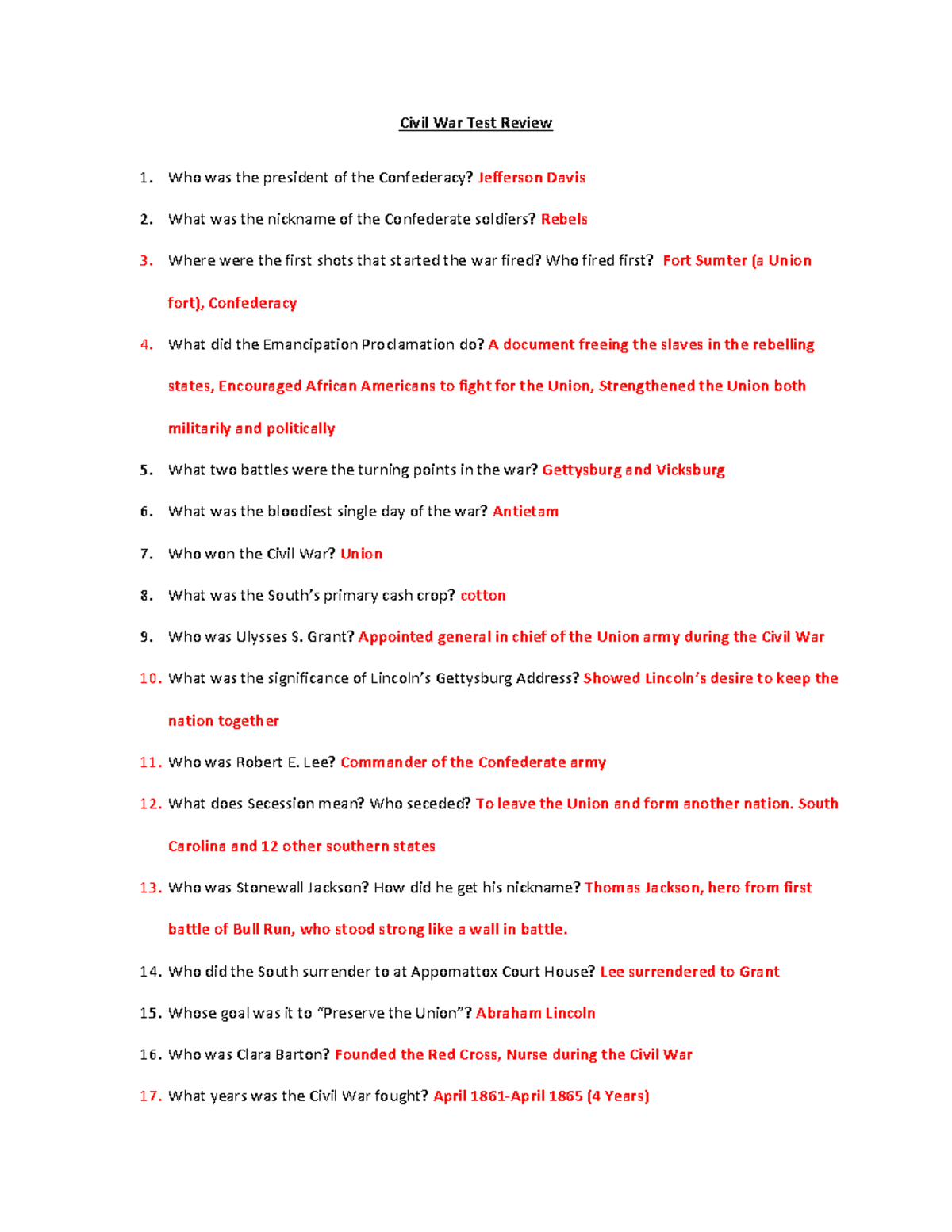 Civil war review - Civil War Test Review Who was the president of the ...