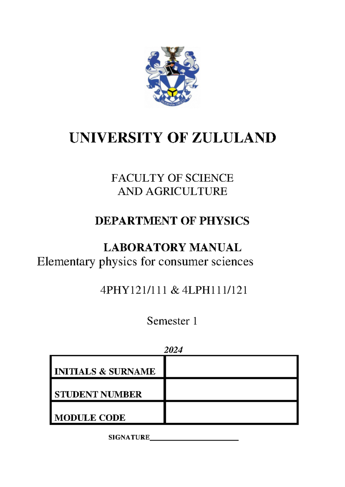 Experiment 1234 - UNIVERSITY OF ZULULAND FACULTY OF SCIENCE AND ...