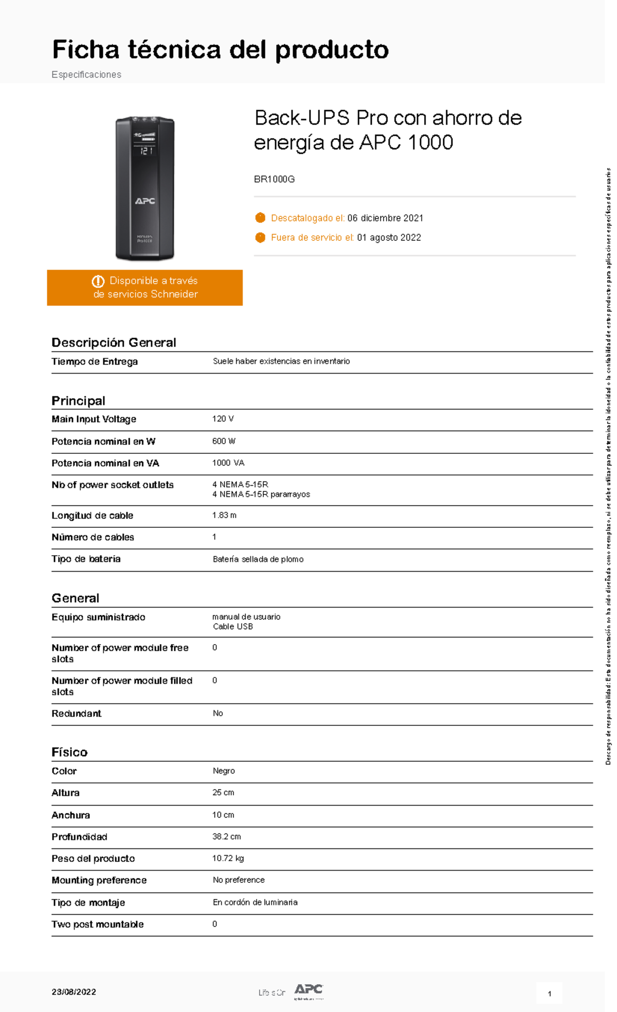 Back-UPS Pro BR1000G - A veces me gusta comer pizza - Ficha técnica del ...