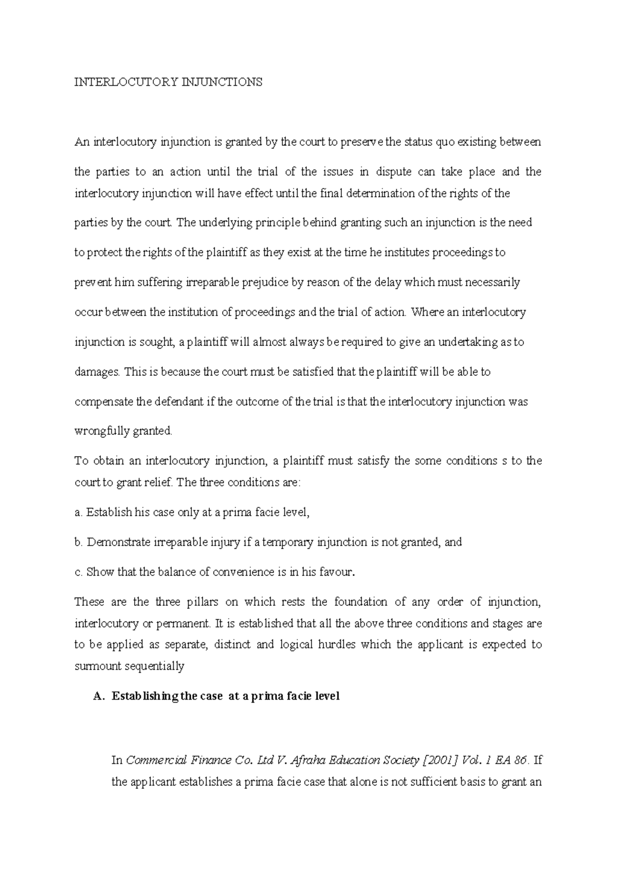 Interlocutory Injunctions.docx 2024 - INTERLOCUTORY INJUNCTIONS An interlocutory injunction is ...