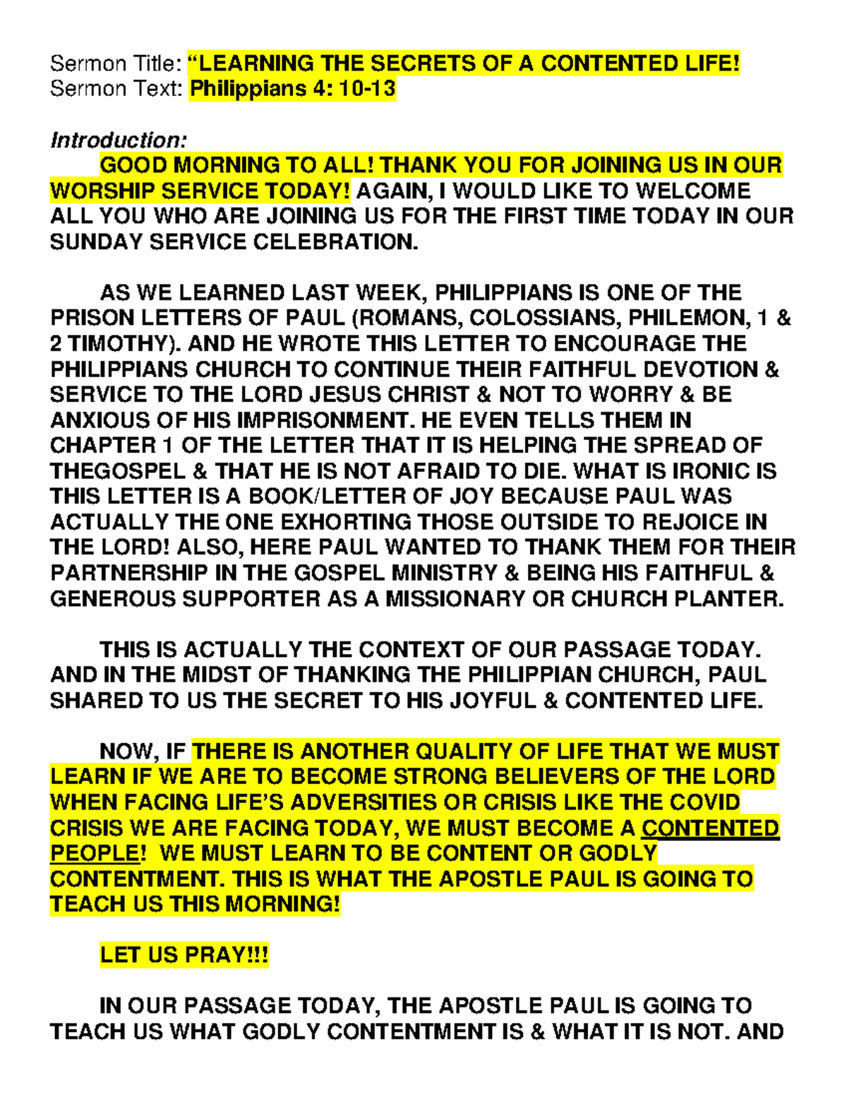 Learning THE Secrets OF A Contented LIFE - Sermon Title: