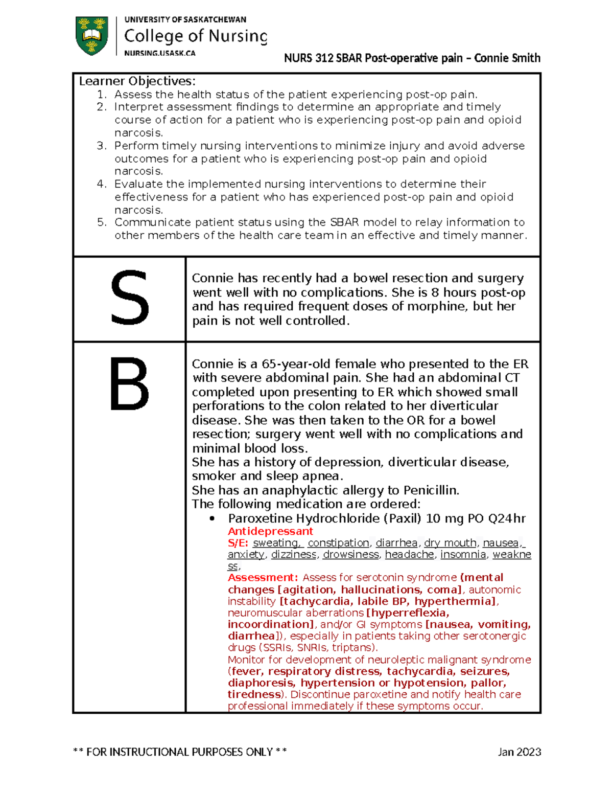 YXE 2023 312 Post OP Pain SBAR - NURS 312 SBAR Post-operative pain ...