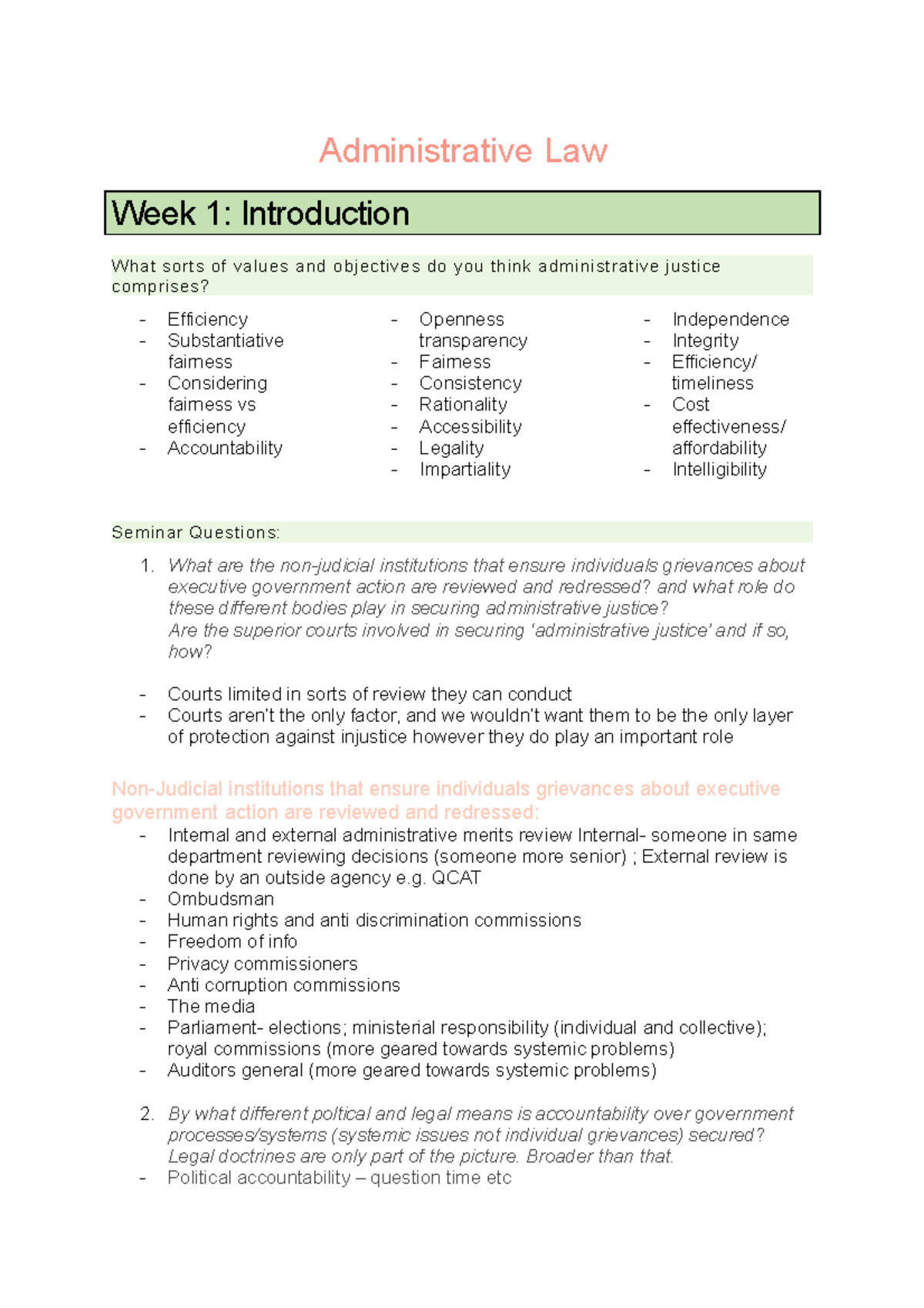 Administrative Law Notes - Administrative Law Week 1: Introduction What ...