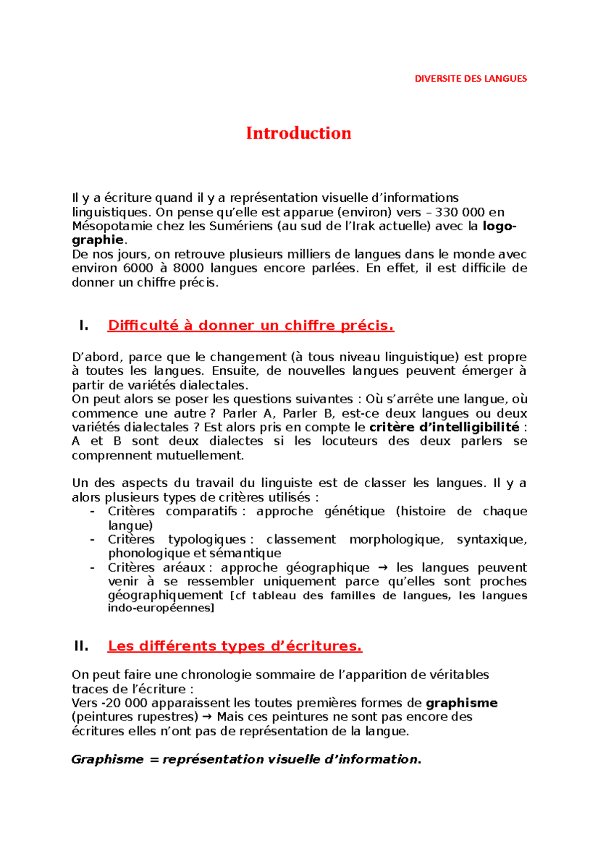 Diversité des langues - DIVERSITE DES LANGUES Introduction Il y a écriture quand il y a - Studocu