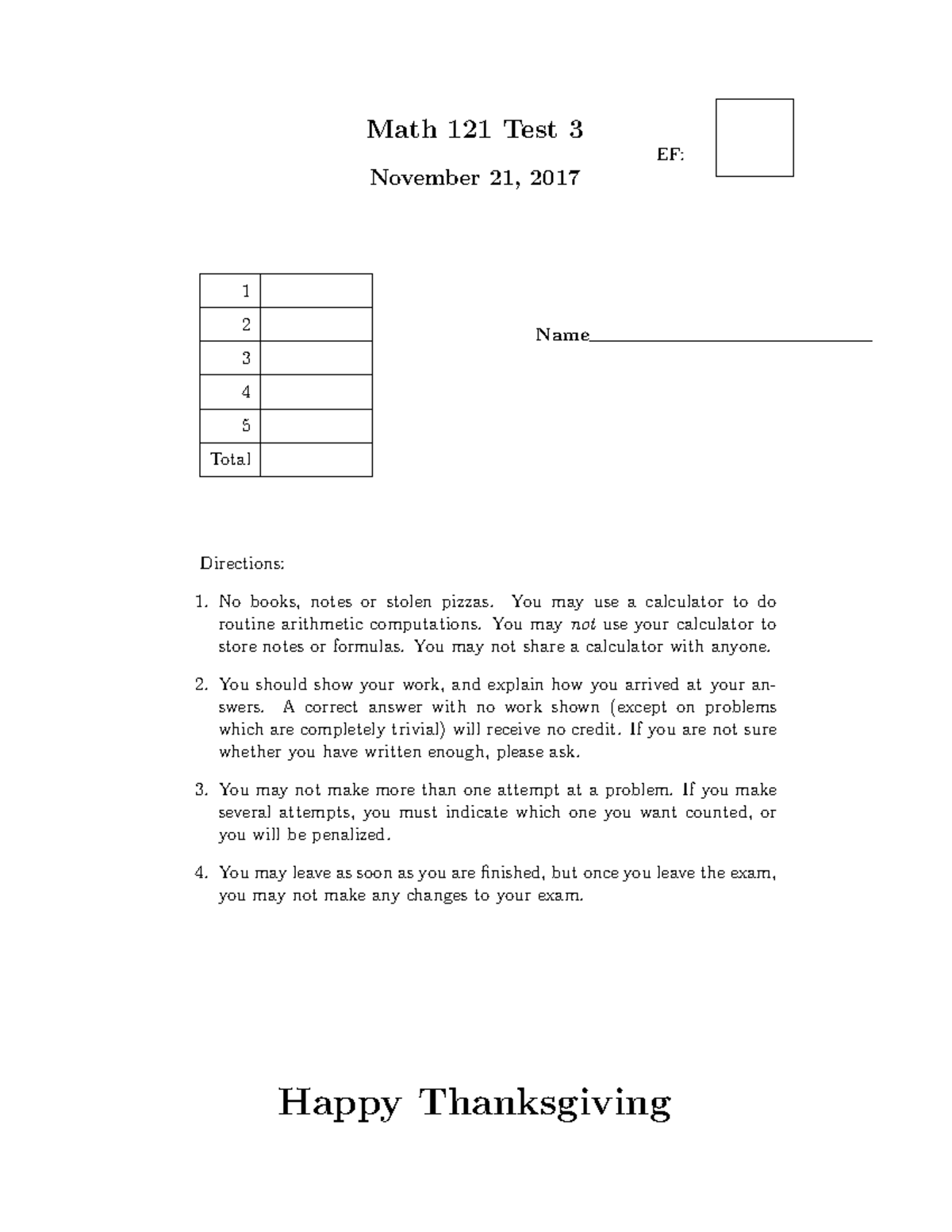 2017 Practice Paper For The Third Exam Math 121 Test 3 November 21