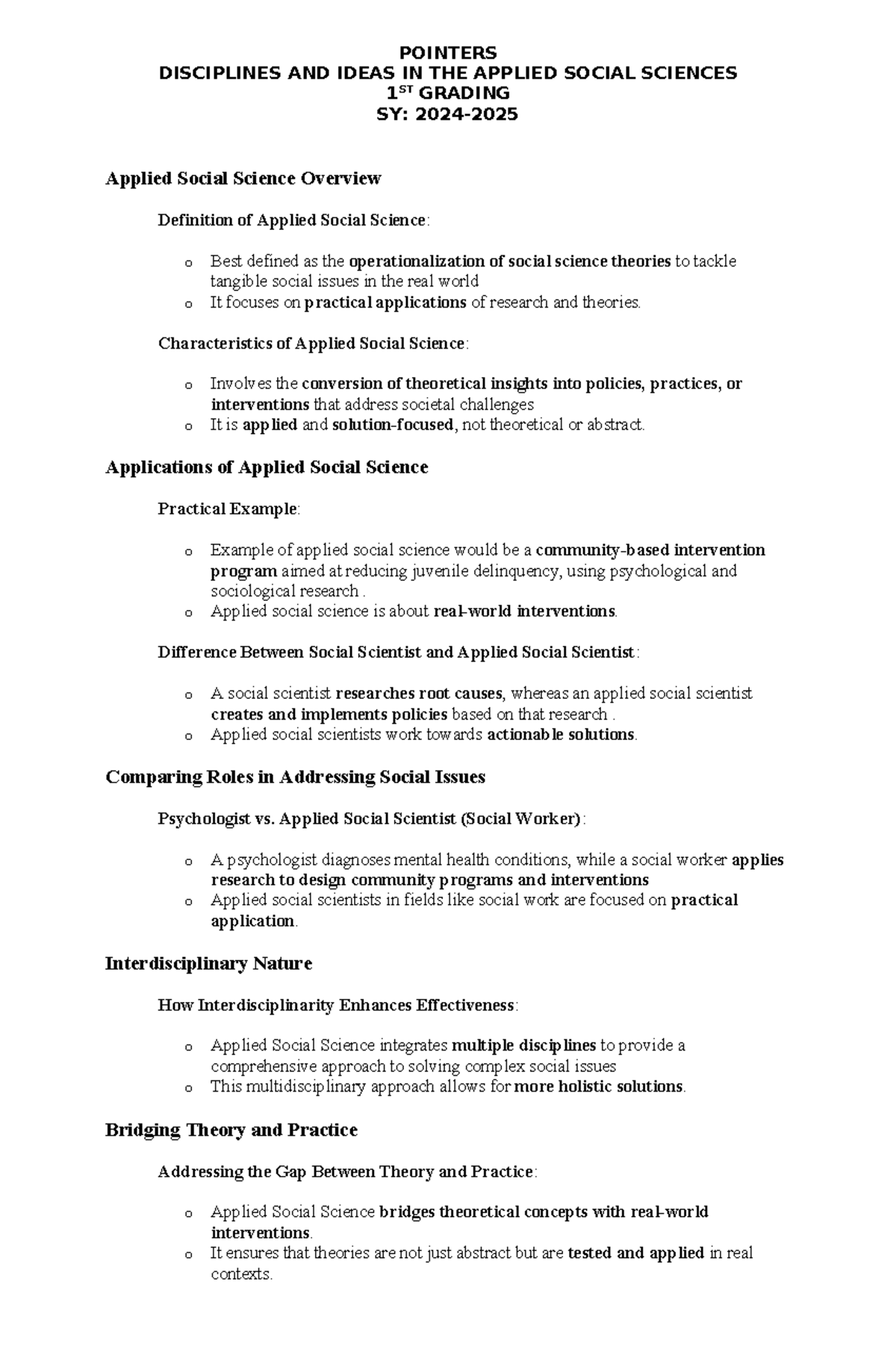 Pointers 1st Grading Exam Pointers Disciplines And Ideas In The Applied Social Sciences 1 St