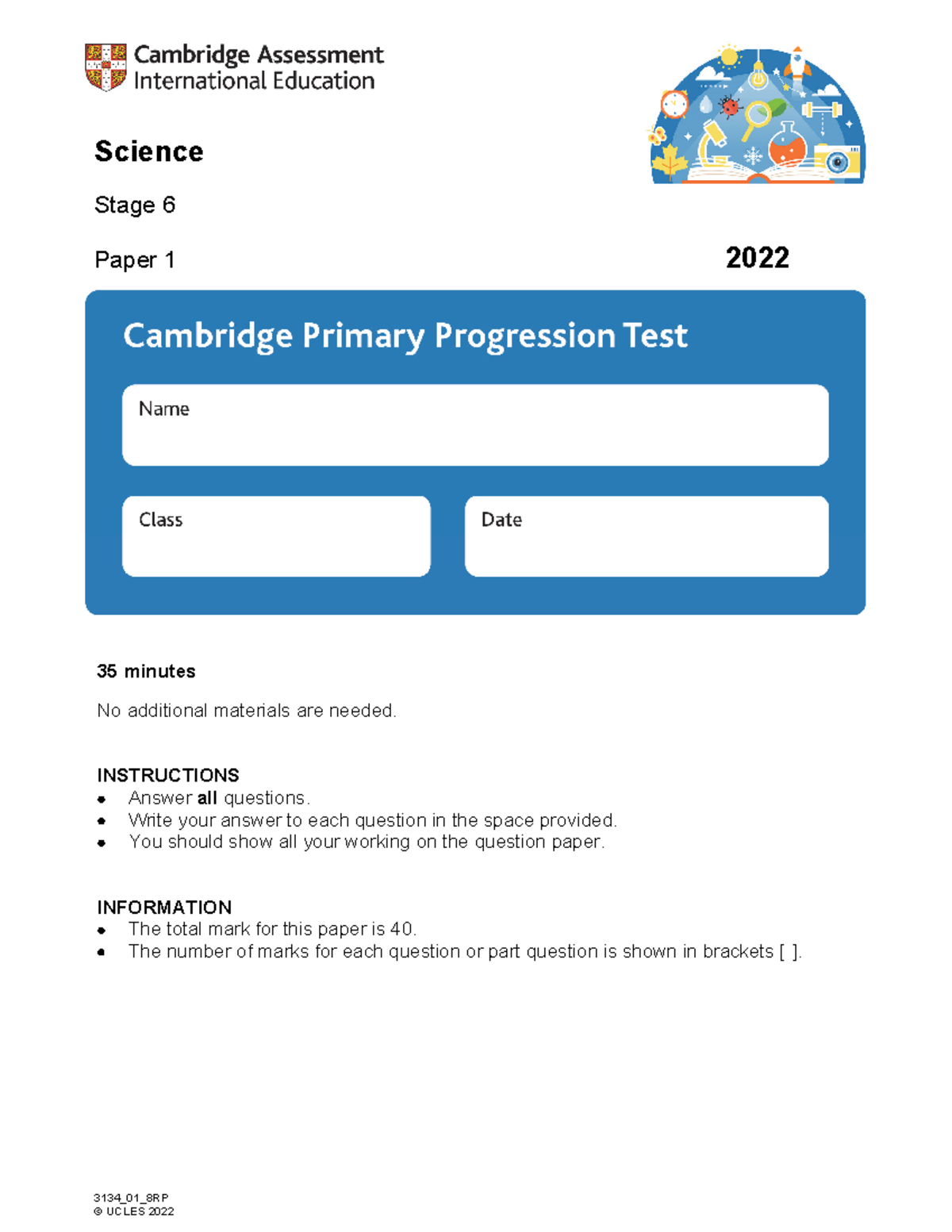 Math Year 6 Progression 2022 P1 - 3134_01_8RP© UCLES 2022 Science Stage ...