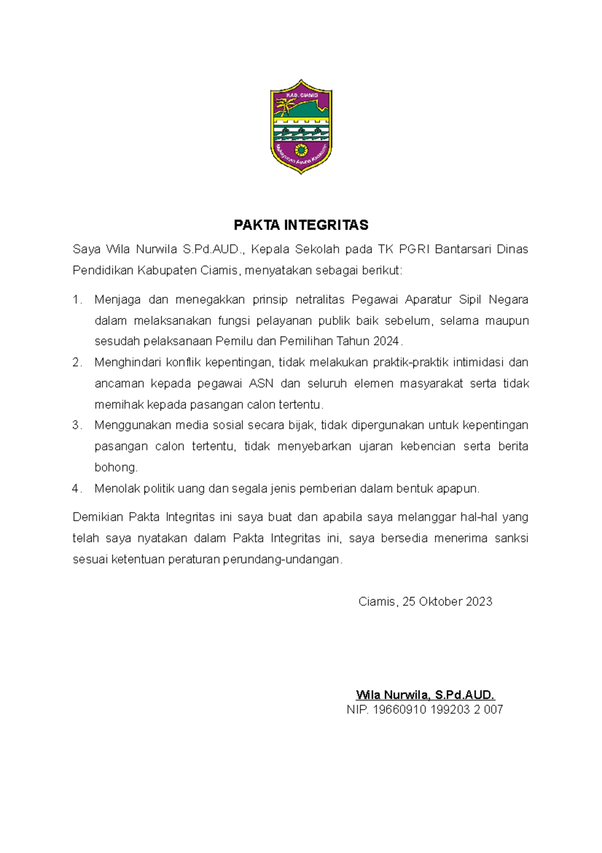 Pakta Integritas - DDSDSD - PAKTA INTEGRITAS Saya Wila Nurwila S.Pd ...