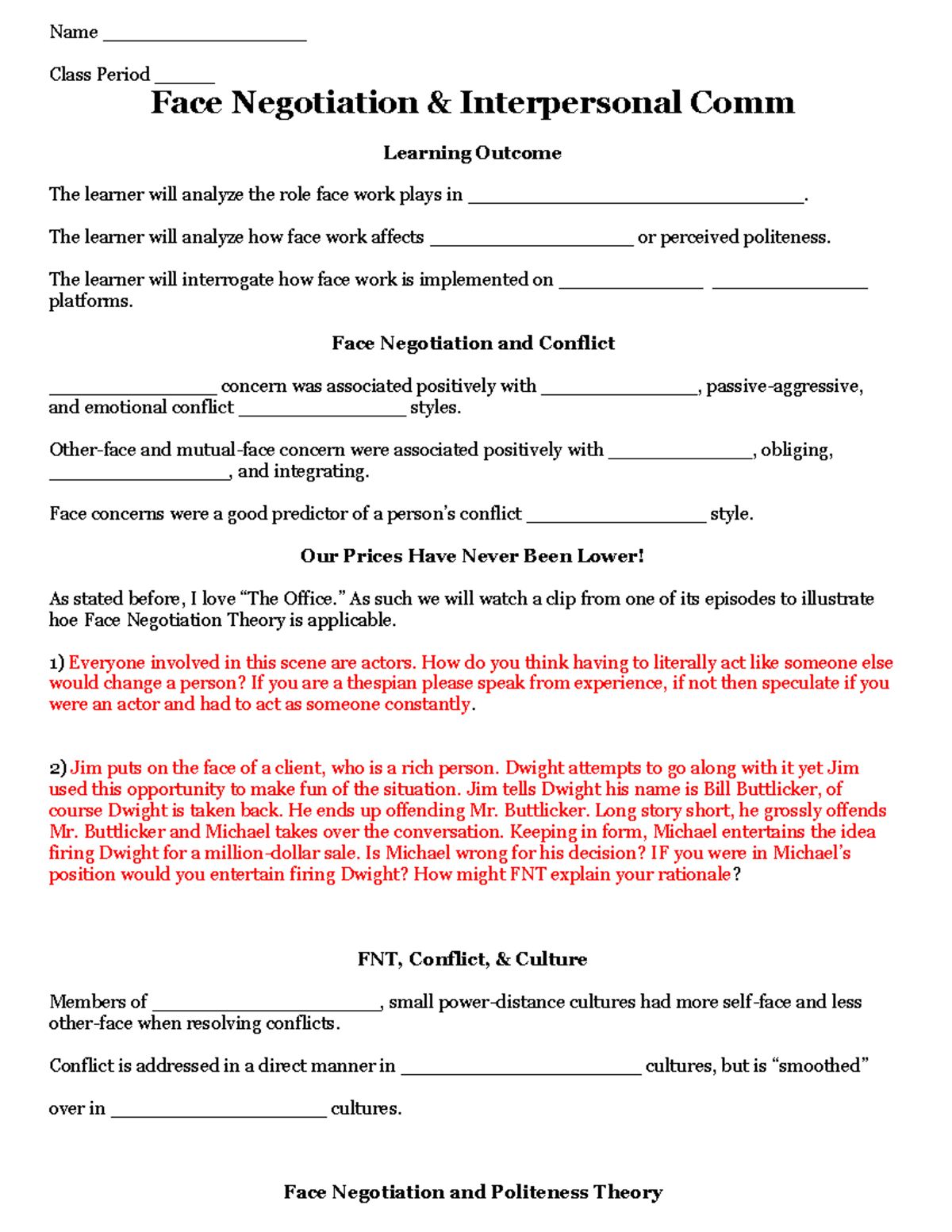 Face Negotiation Theory 2 - Name _________________ Class Period ...