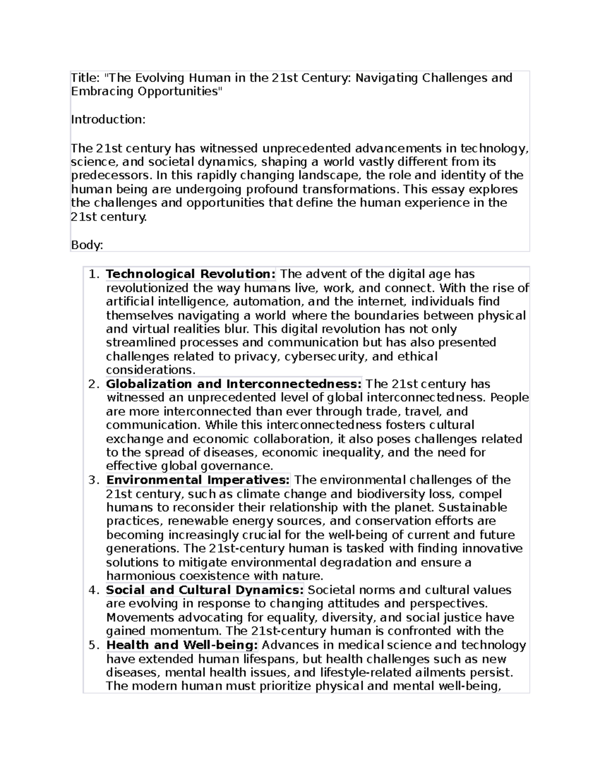 Ess1 human - reference only - Title: "The Evolving Human in the 21st ...