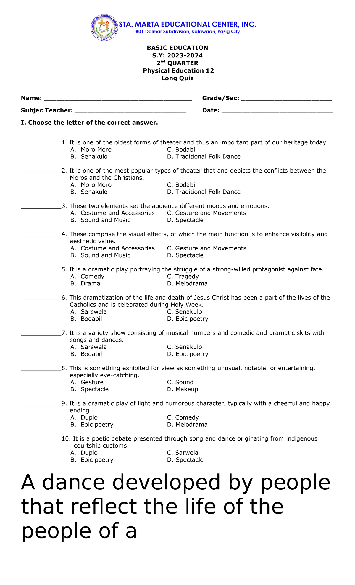1st Quarter - P.E 12 LONG QUIZ 1 - BASIC EDUCATION S: 2023- 2 nd ...