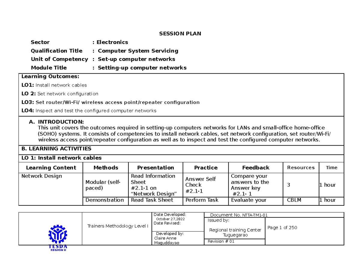 4.Session Plan (1 Unit of Comeptency) - SESSION PLAN Sector : Electronics Qualification Title ...
