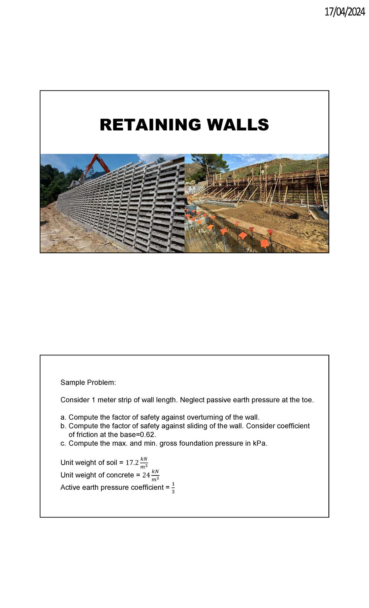 L7 Retaining-Wall-Sample-Problems - RETAINING WALLS Sample Problem ...