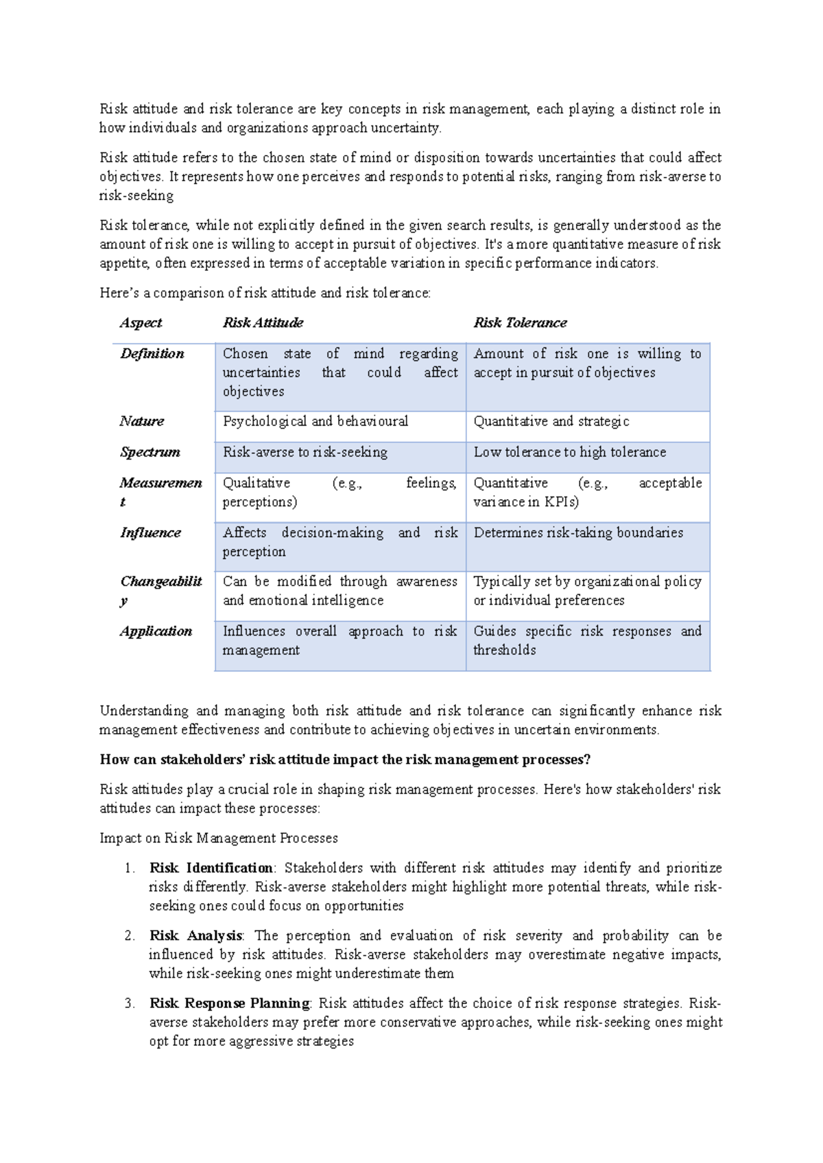 Discussion -2- Primary Post - Risk attitude and risk tolerance are key concepts in risk ...