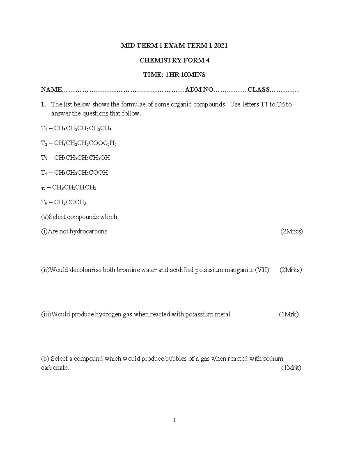 Set1 Chem Qsnts Mid Term 1 2021 Teacher - MID TERM 1 EXAM TERM 1 2021 ...