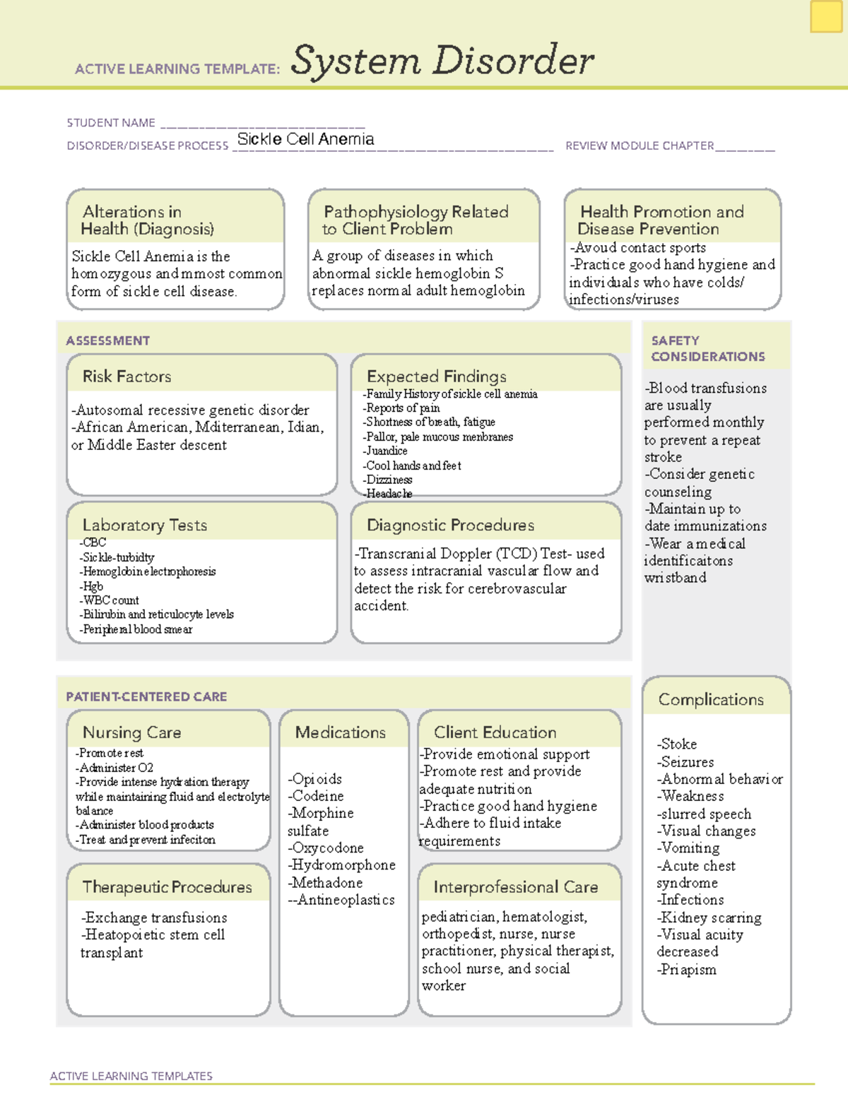 Sickle Cell Anemia - ACTIVE LEARNING TEMPLATES System Disorder STUDENT ...