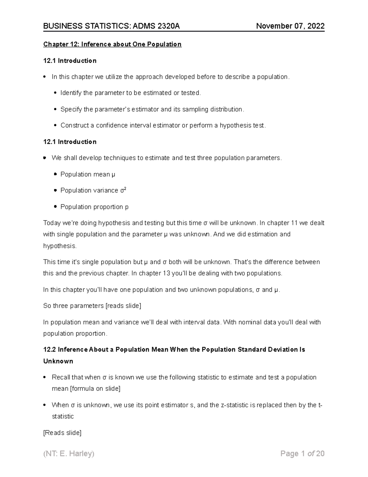 ADMS 2320 Business Stats. 07NOV2022 - Chapter 12: Inference about One Population 12 Introduction ...