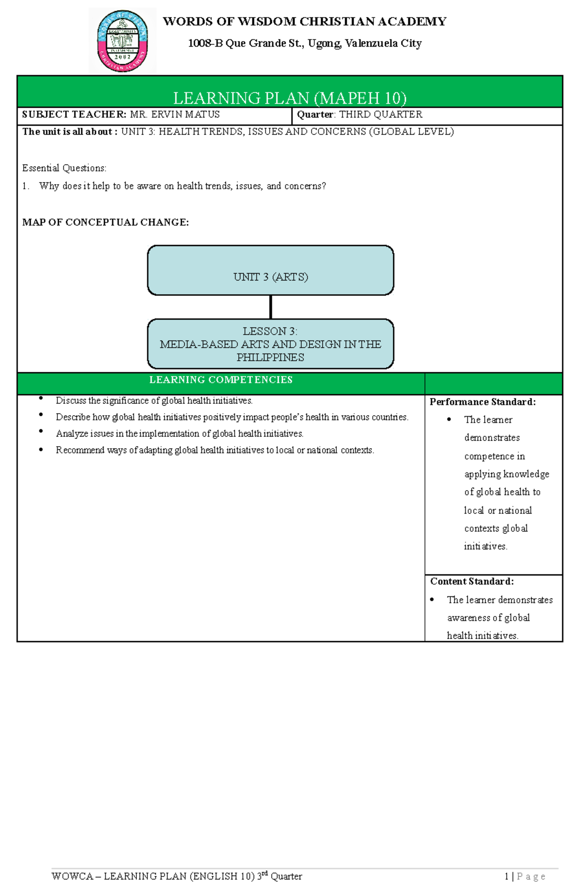 English-10 - learning plan for english 10 - WORDS OF WISDOM CHRISTIAN ...