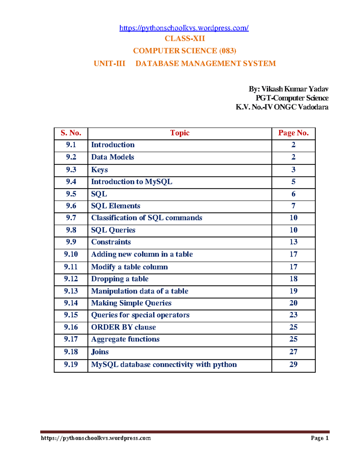 Class xii unit iii dbms session 2020 21 1 - pythonschoolkvs.wordpress/ CLASS-XII COMPUTER ...