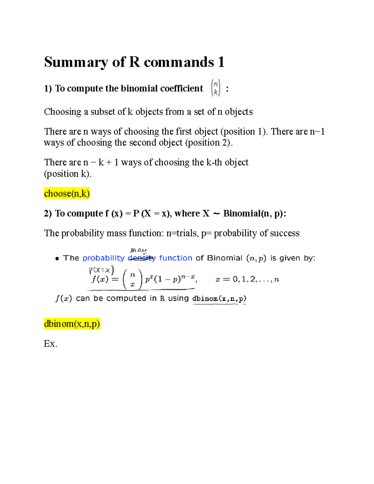 Summary Of All R Commands Summary Of R Commands 1 1 To Compute The Binomial Coefficient Nk